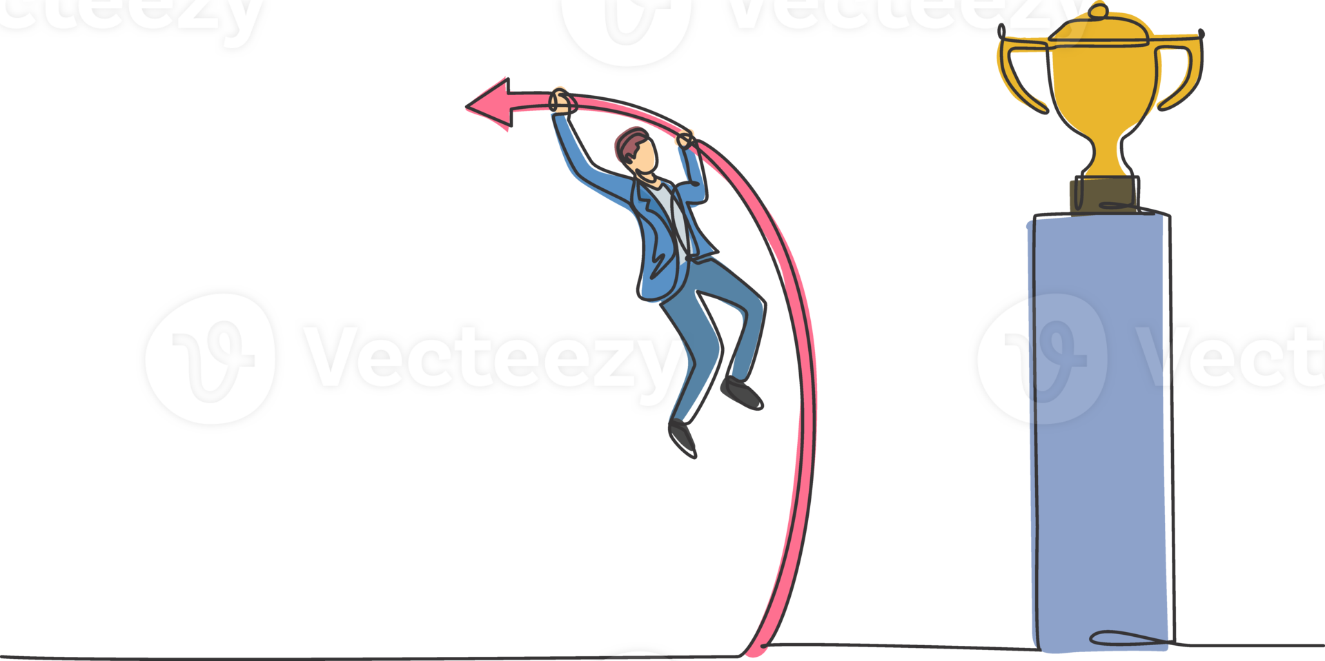 Continuous One Line Drawing Young Handsome Male Worker Jumping Using Pole Vault To Reach Trophy