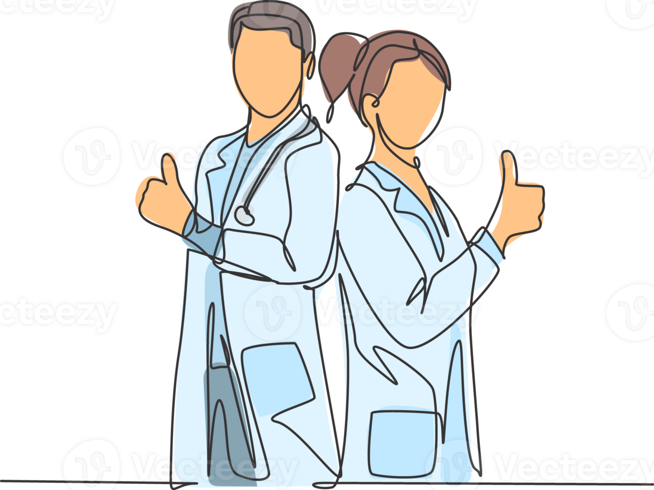 Single Line Drawing Of Young Happy Couple Male And Female Doctor