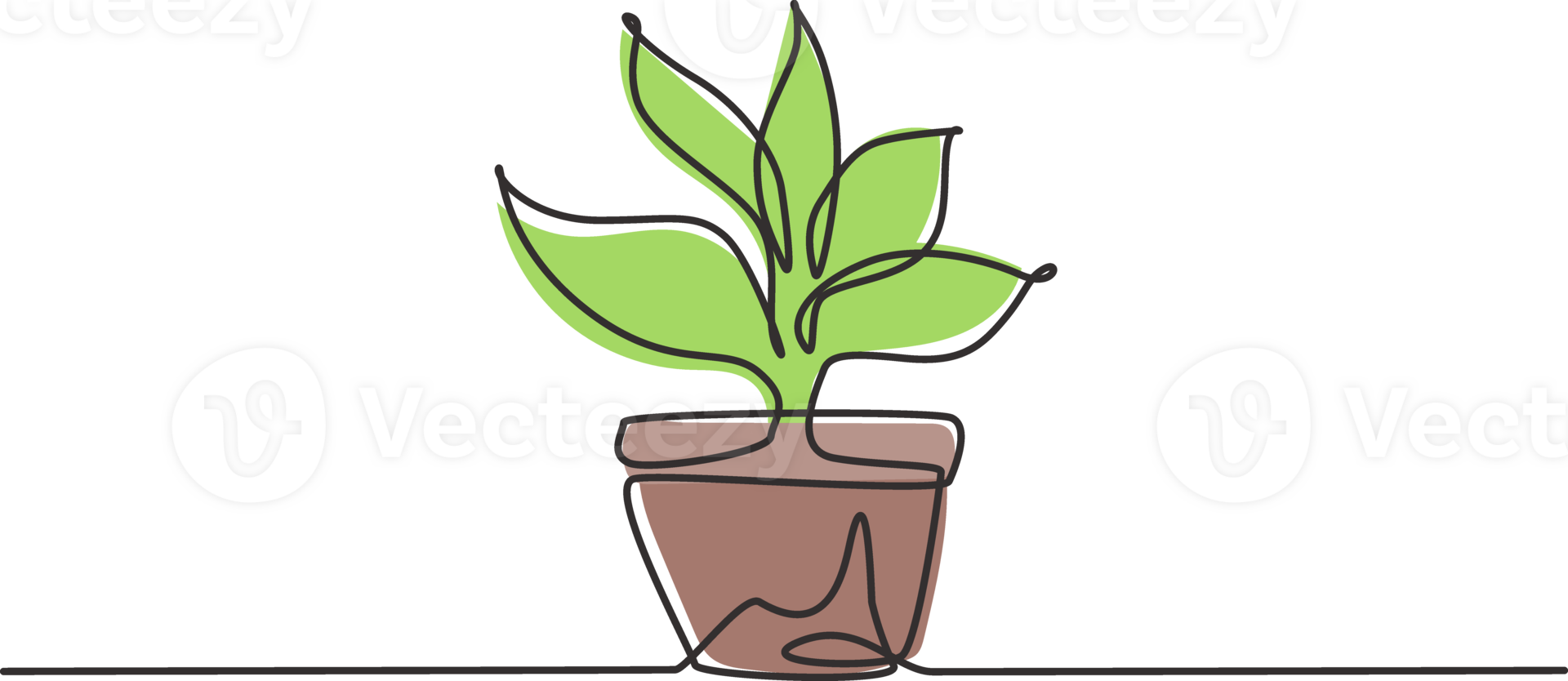Continuous One Line Drawing Potted Plants With Five Growing Leaves Are
