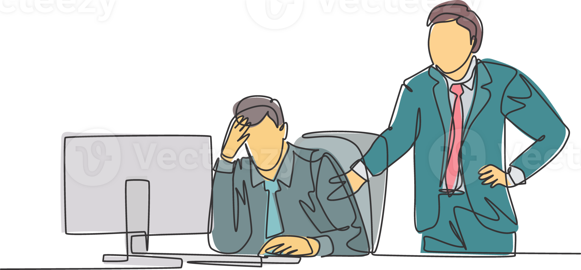 One continuous line drawing of young angry manager asking his depressed staff for an unfinished ...