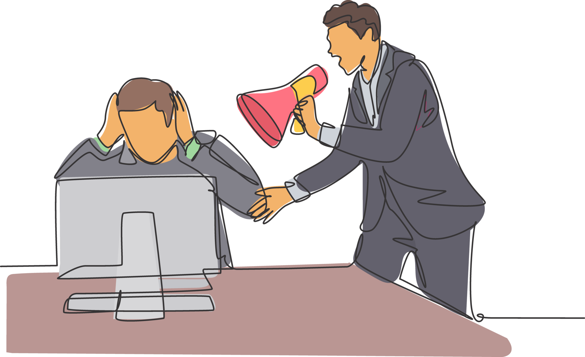 Single continuous line drawing of young frustrated manager shouting his frightened male staff ...