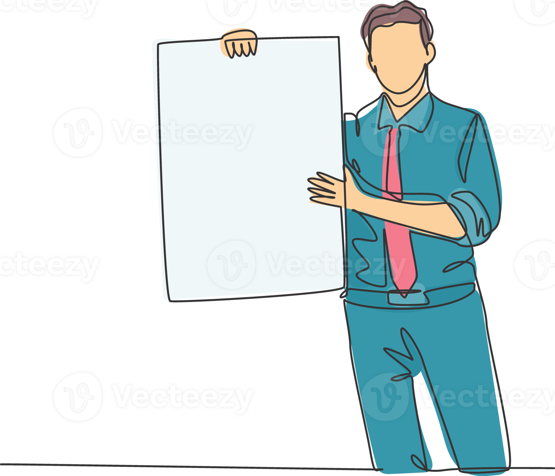 One single line drawing of young presenter holding big screen board to introduce new product of ...