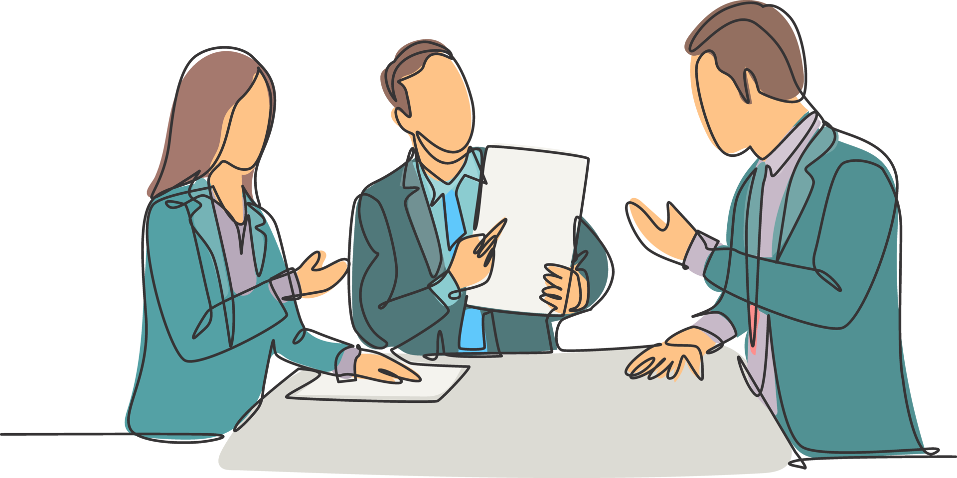 uno soltero línea dibujo de joven puesta en marcha fundador explique lucro compartiendo plan a ...