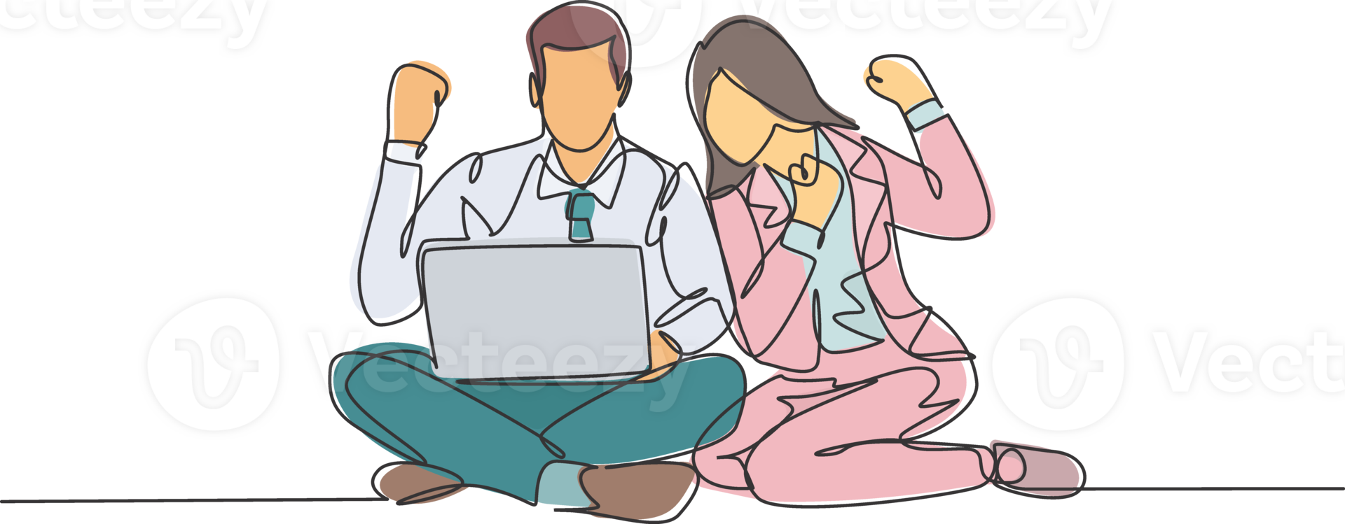 One Single Line Drawing Of Young Happy Couple Sitting On The Floor While Opening Laptop To Read