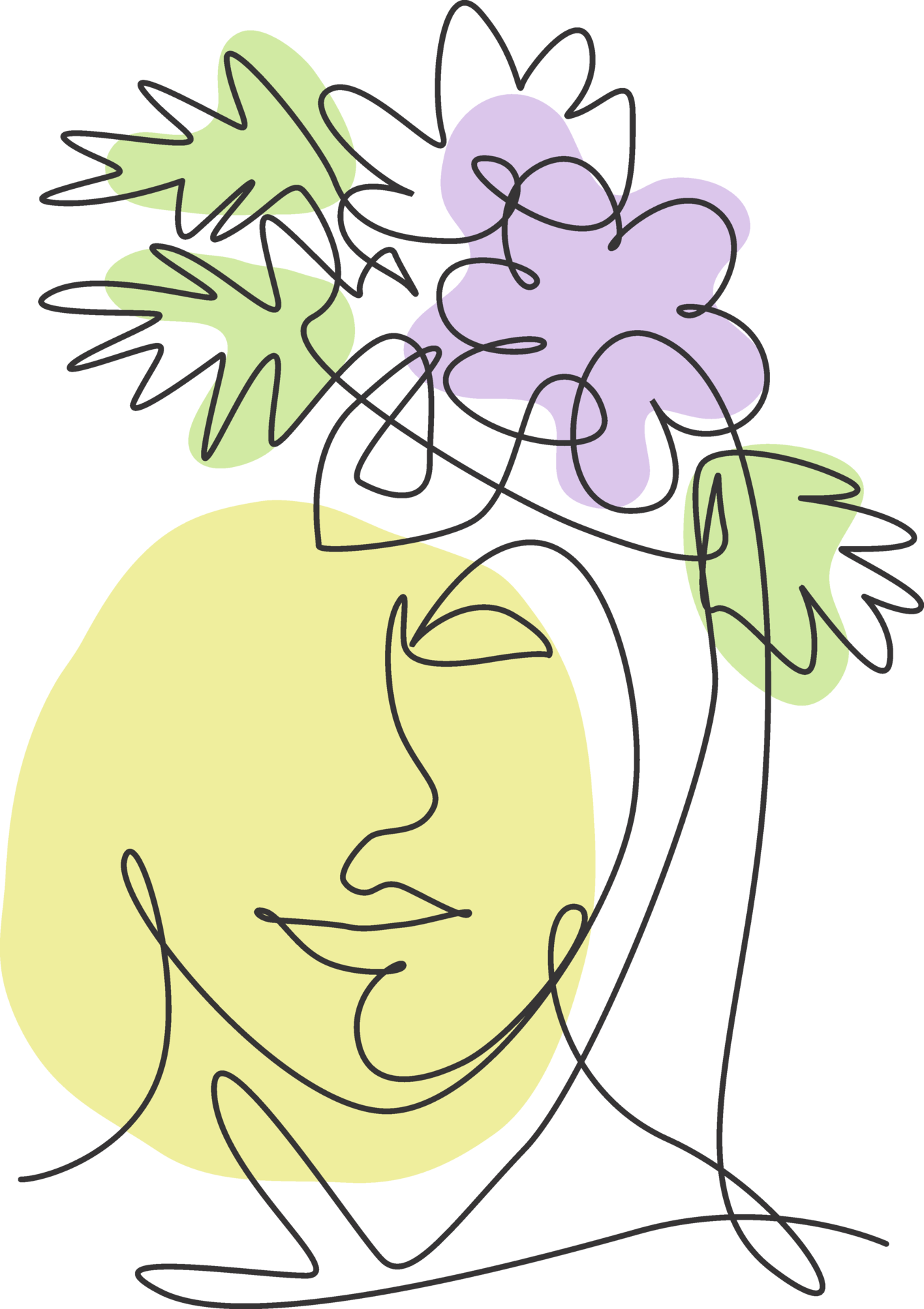 One Single Line Drawing Beauty Abstract Face With Natural Flowers