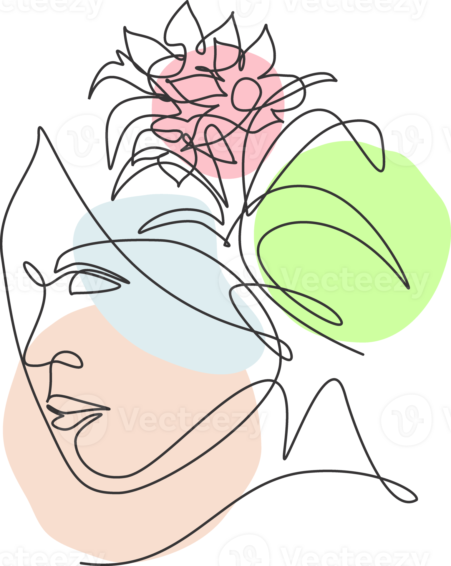 One single line drawing abstract face with natural flowers illustration ...