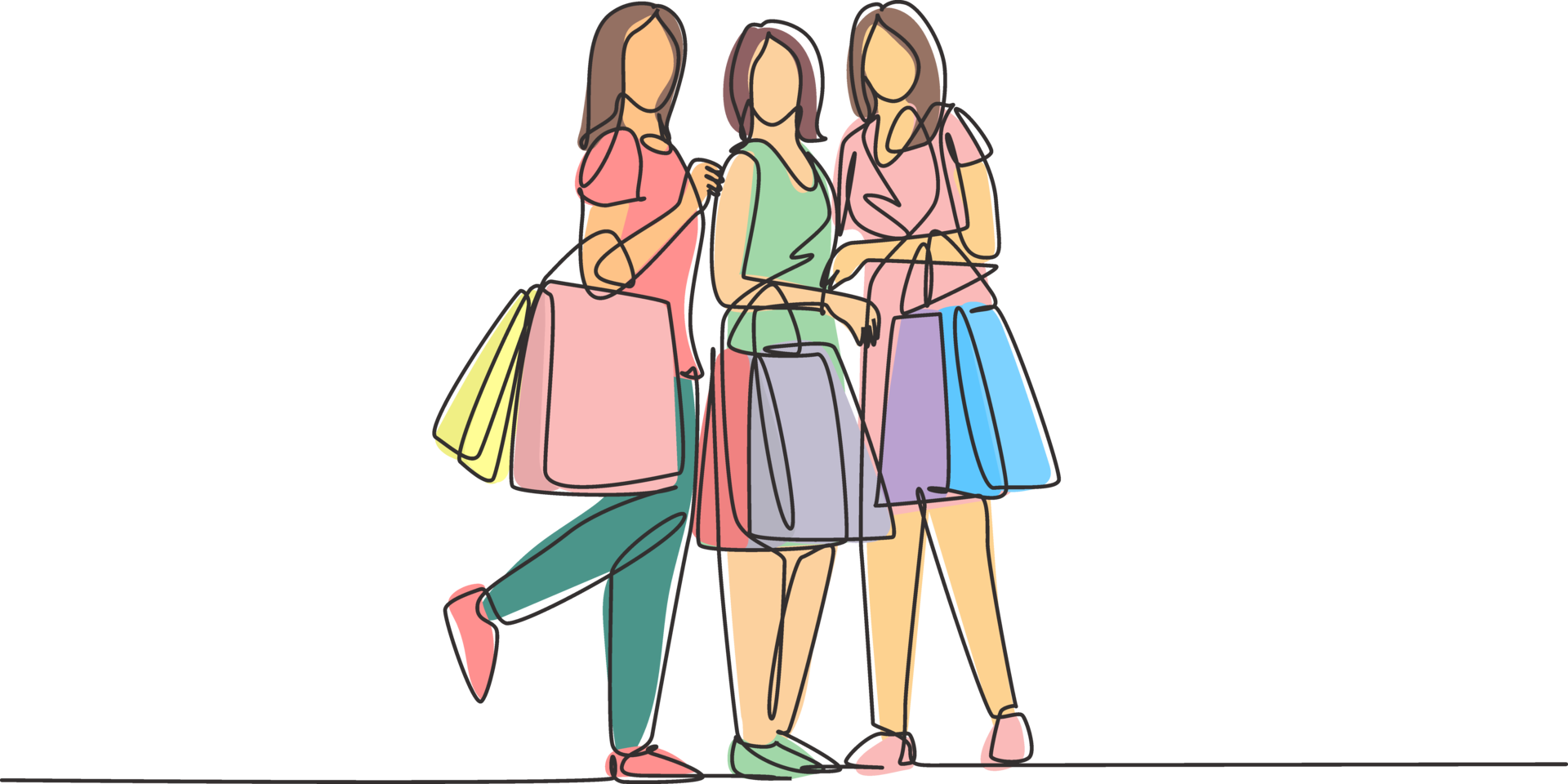 Single continuous line drawing group of beauty women holding paper bags while shopping together ...