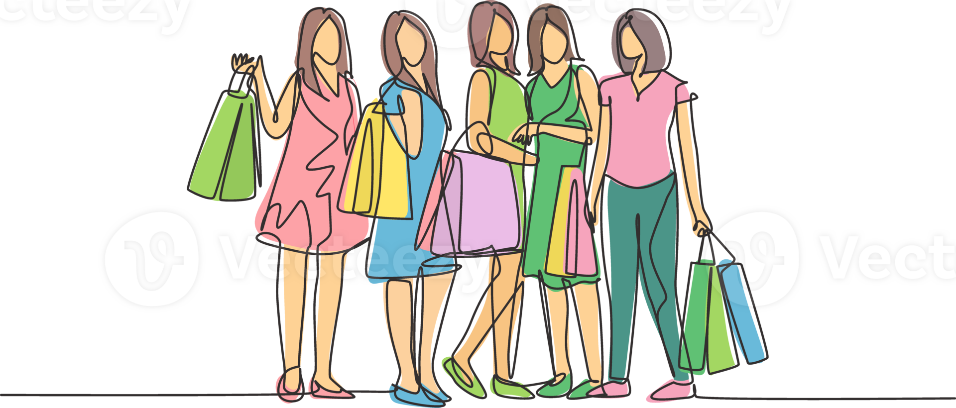 Single continuous line drawing group of beauty women holding paper bags while shopping together ...