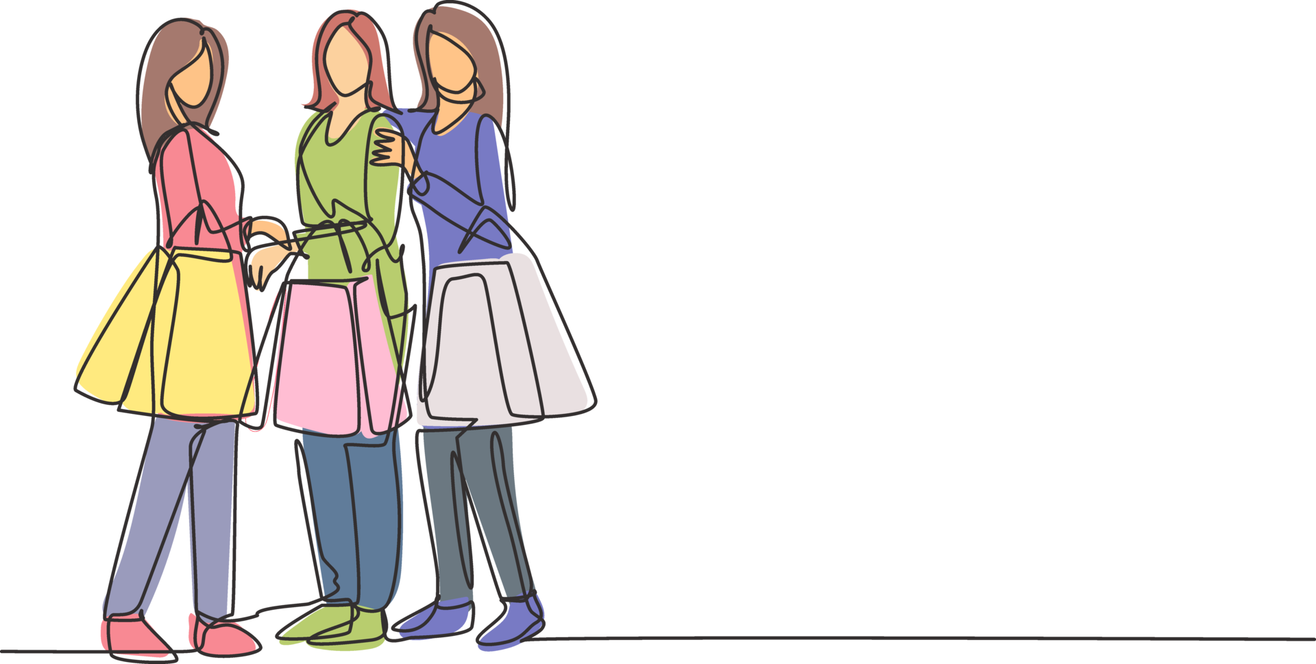 One single line drawing young group of happy women holding paper bags after shopping together at ...