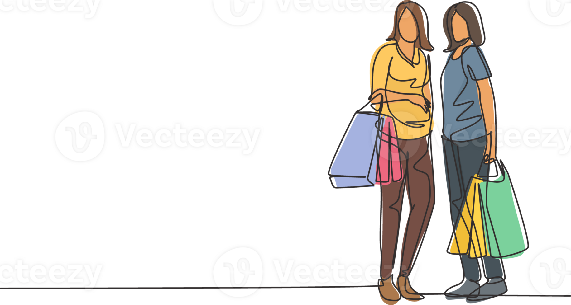 Single continuous line drawing two beauty happy women holding paper bags after shopping clothes ...