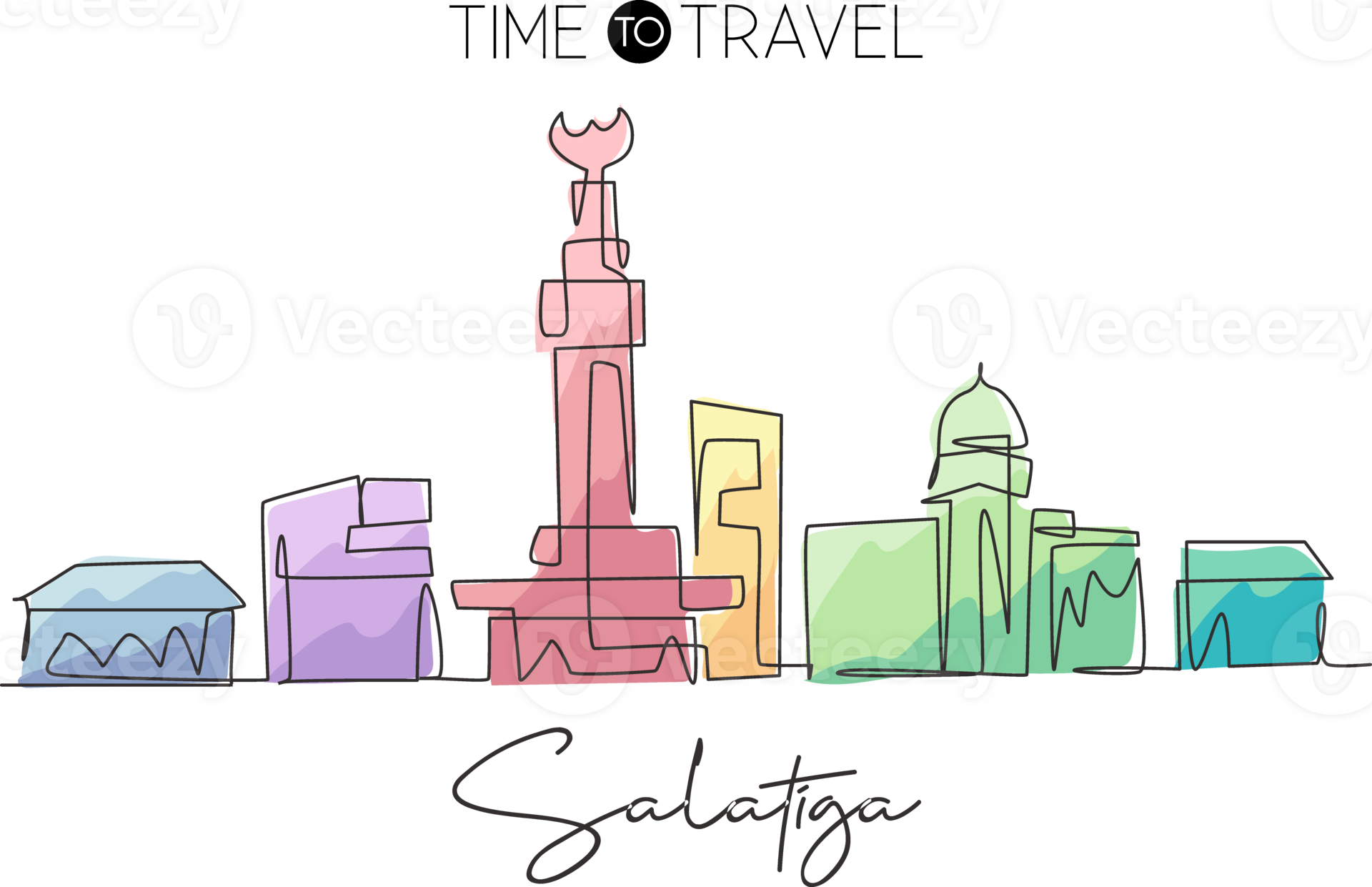 Single continuous line drawing of Salatiga city skyline, Central Java Indonesia. Famous city for ...