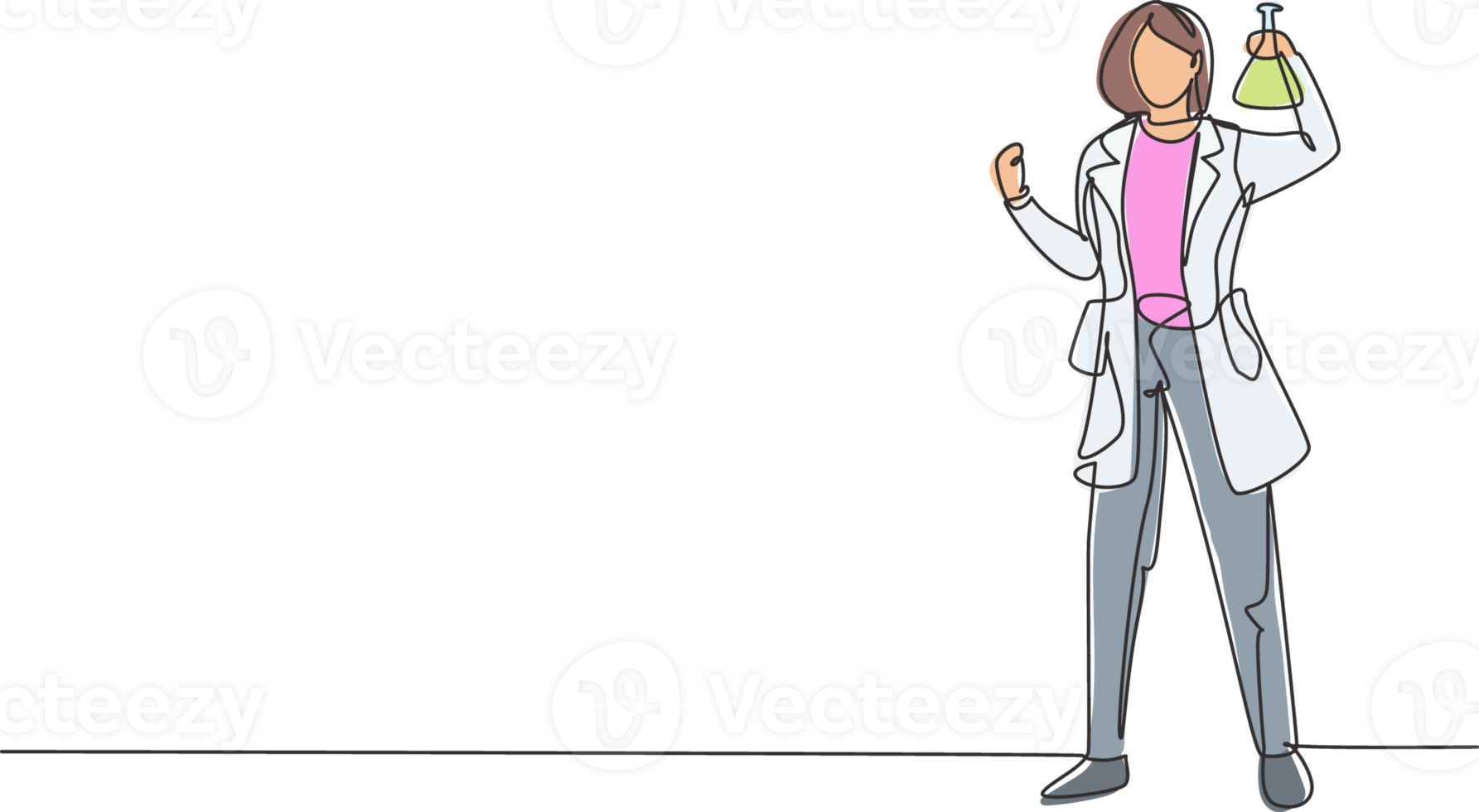 Continuous One Line Drawing Female Scientist Stands With Celebrate