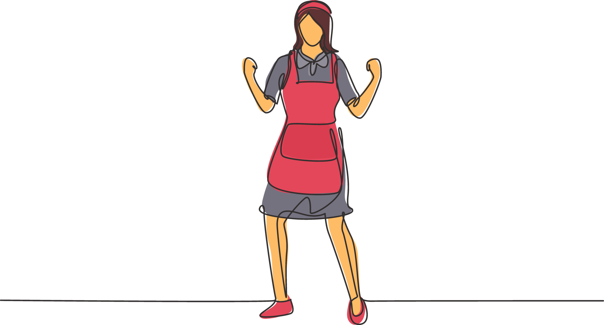Single One Line Drawing Maid In Hotel Stood With Celebrate Gesture And Uniform Clean Up Bed Bed