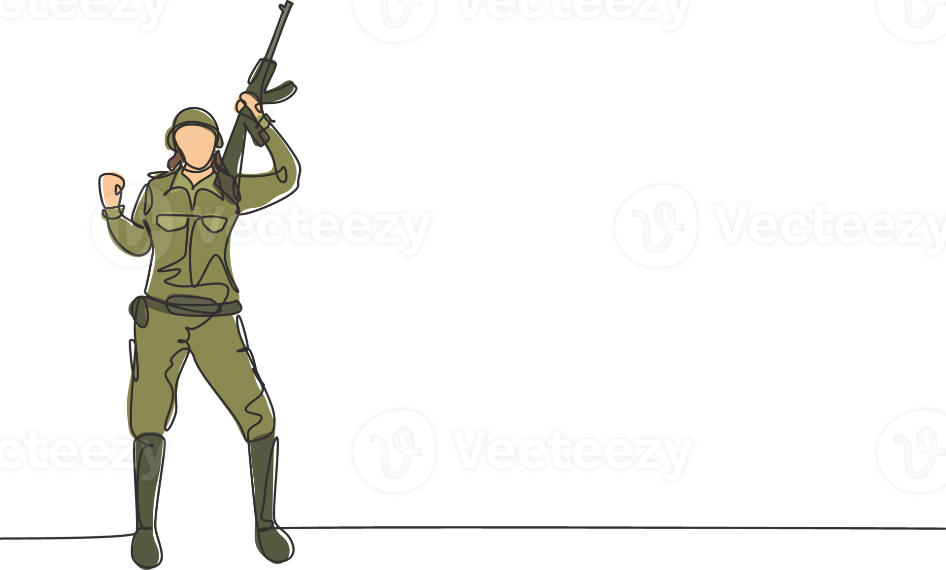 Single One Line Drawing Female Soldier Stands With Celebrate Gesture Weapon And Full Uniform