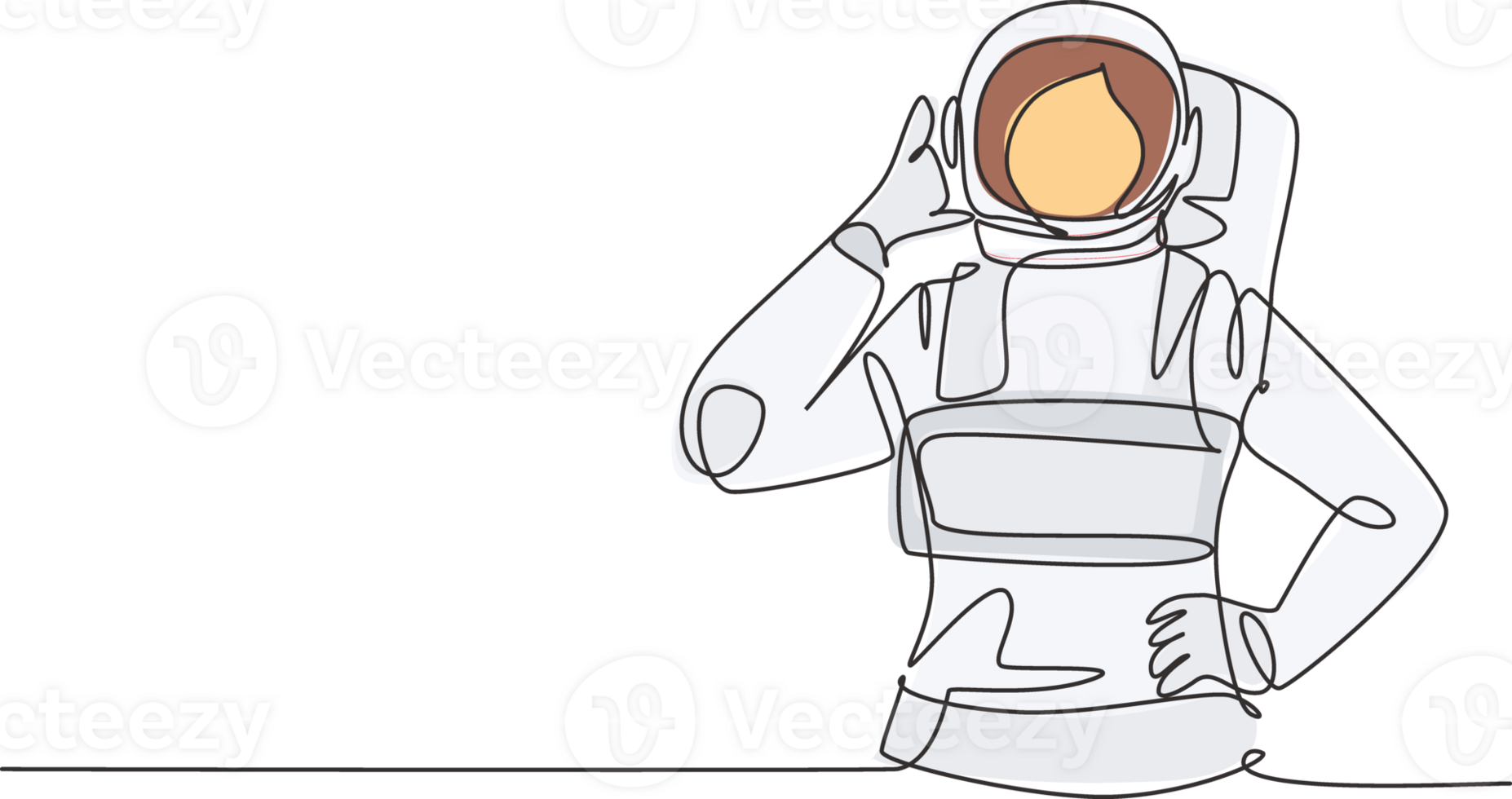 Single One Line Drawing Female Astronaut With Call Me Gesture Wearing Spacesuits To Explore