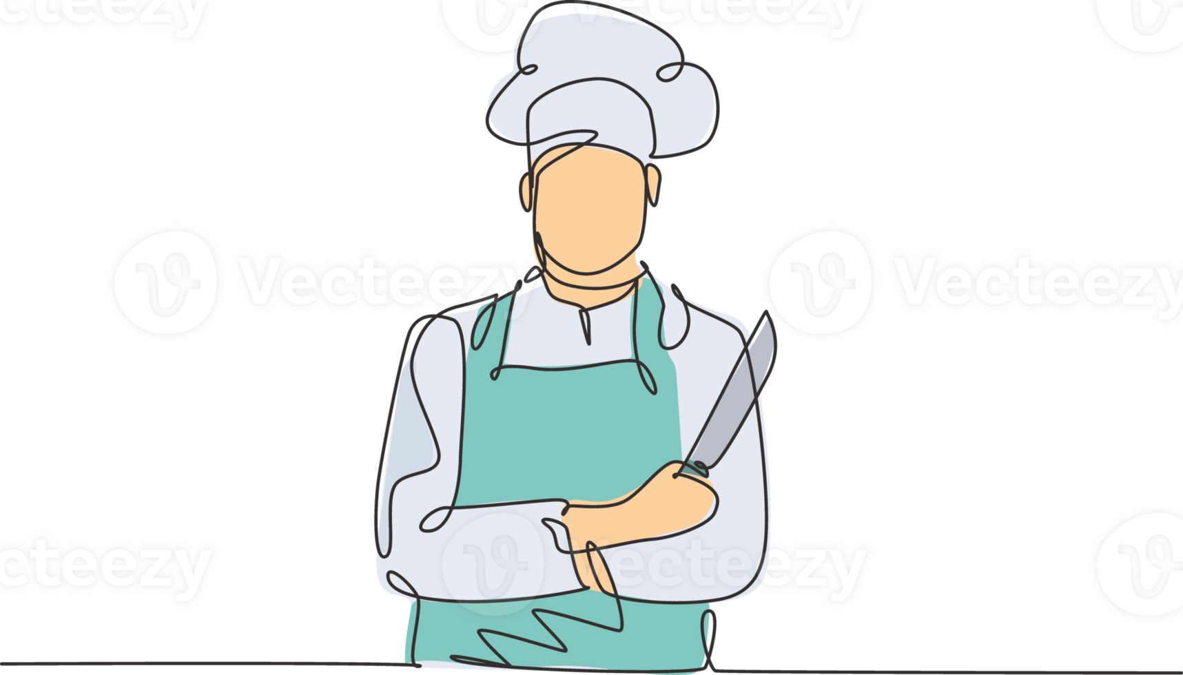 Single One Line Drawing Of Young Confident Handsome Male Chef Holding Kitchen Knife And Pose