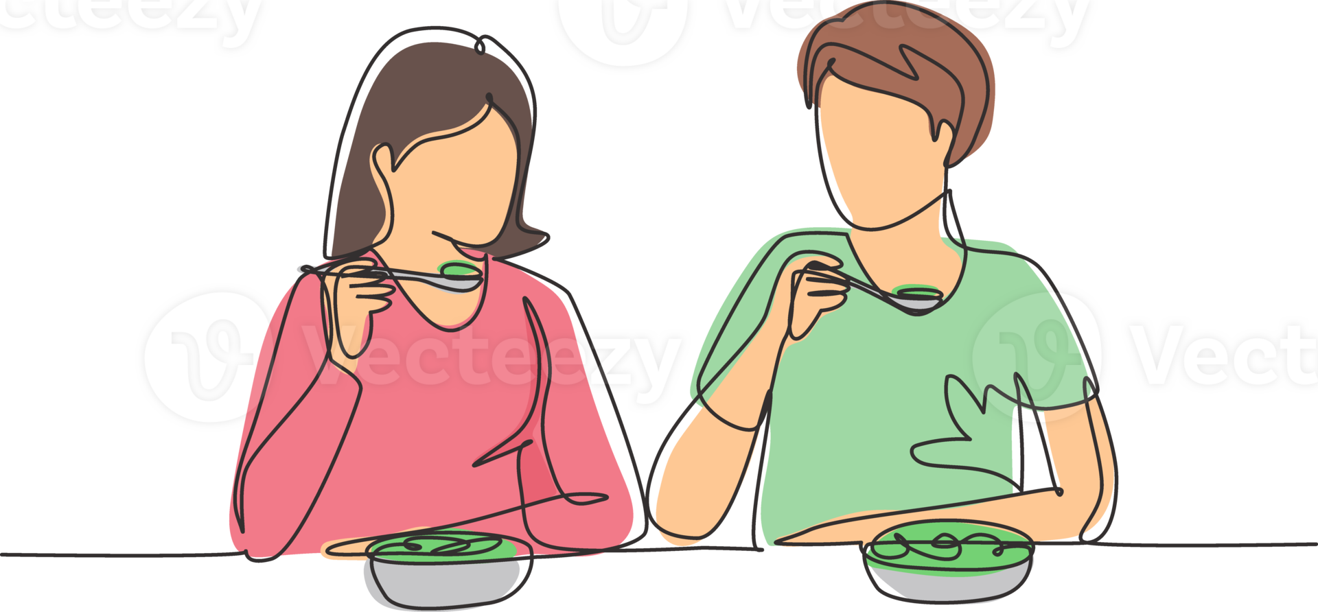 Single continuous line drawing young couple having salad meal around table. Happy male female ...