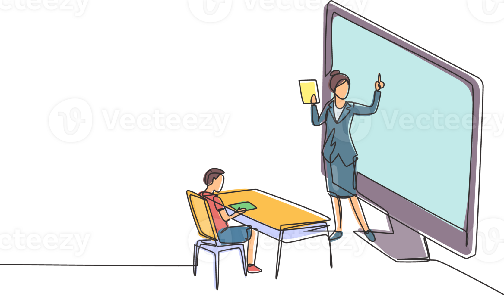 Continuous One Line Drawing Female Teacher Standing In Front Of Monitor