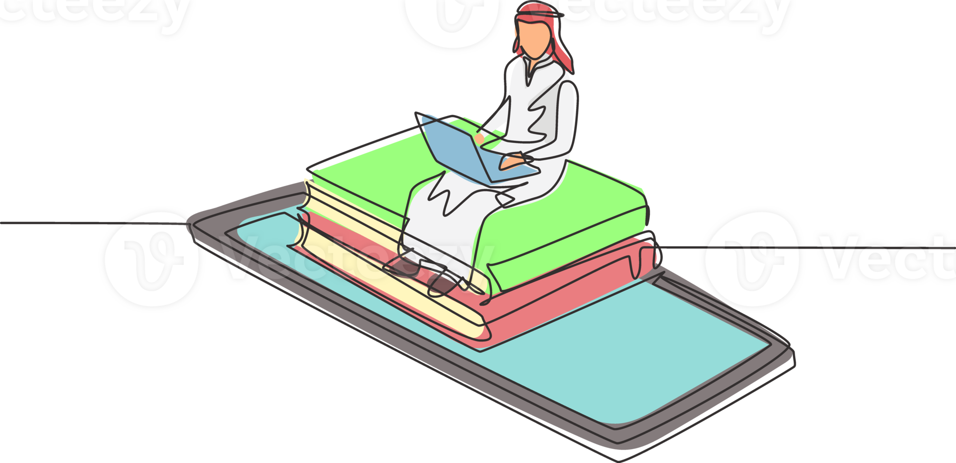 Une Seule Ligne De Dessin Hijab Patiente Assise Recroquevillée Sur Un Canapé Utilisant Une