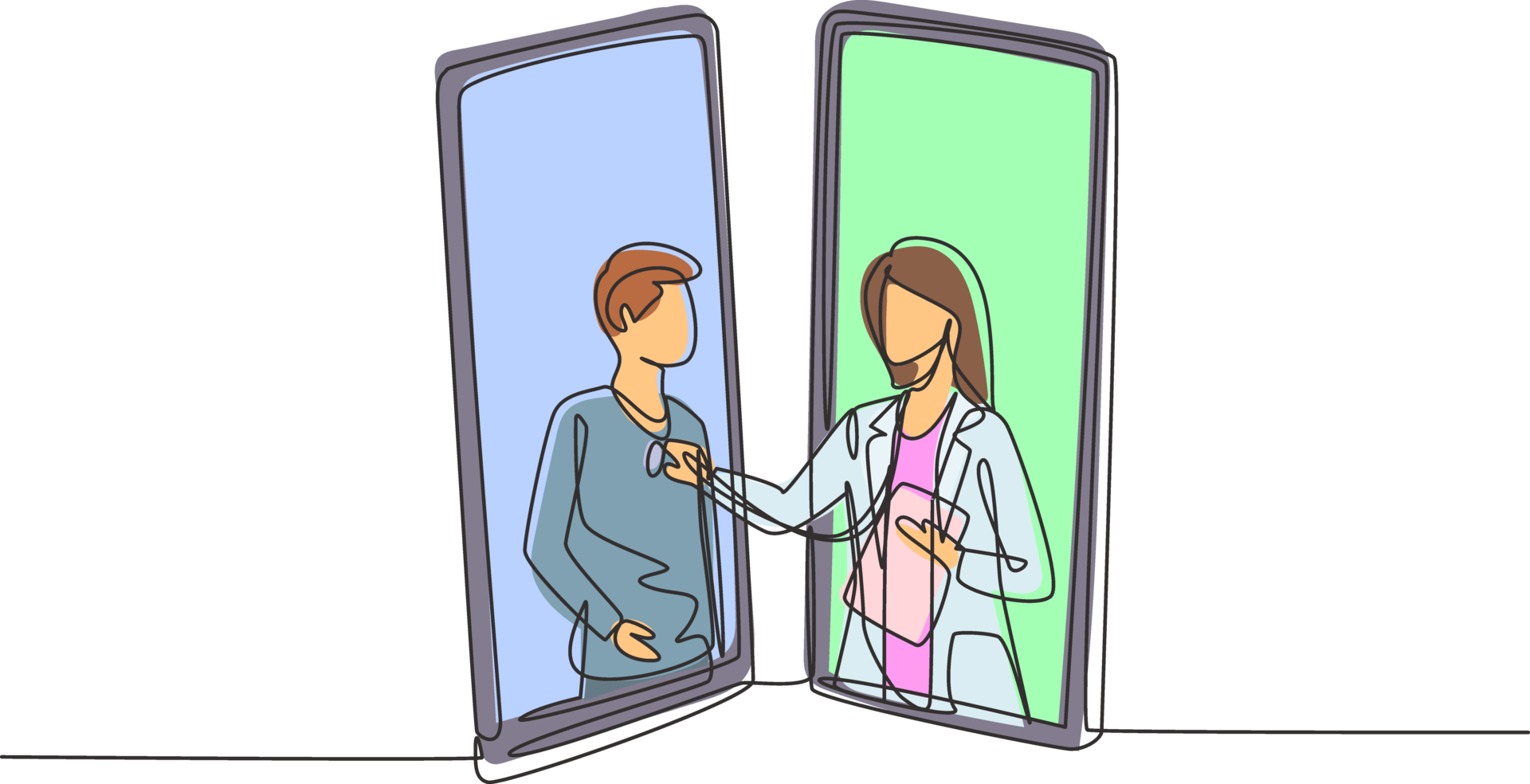 Continuous One Line Drawing Two Smartphones Facing Each Other With Female Doctor Checking Heart