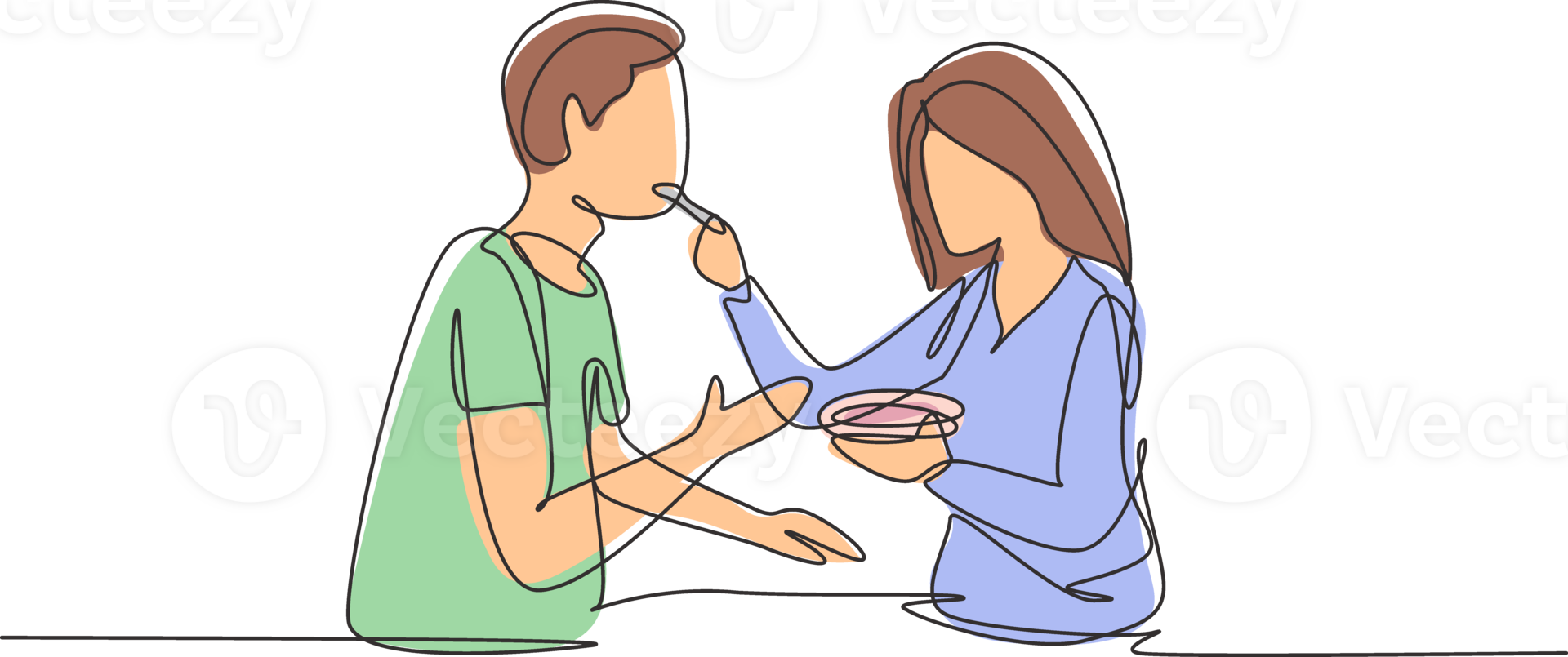 Continuous One Line Drawing Romantic Woman Feeds Her Husband Happy