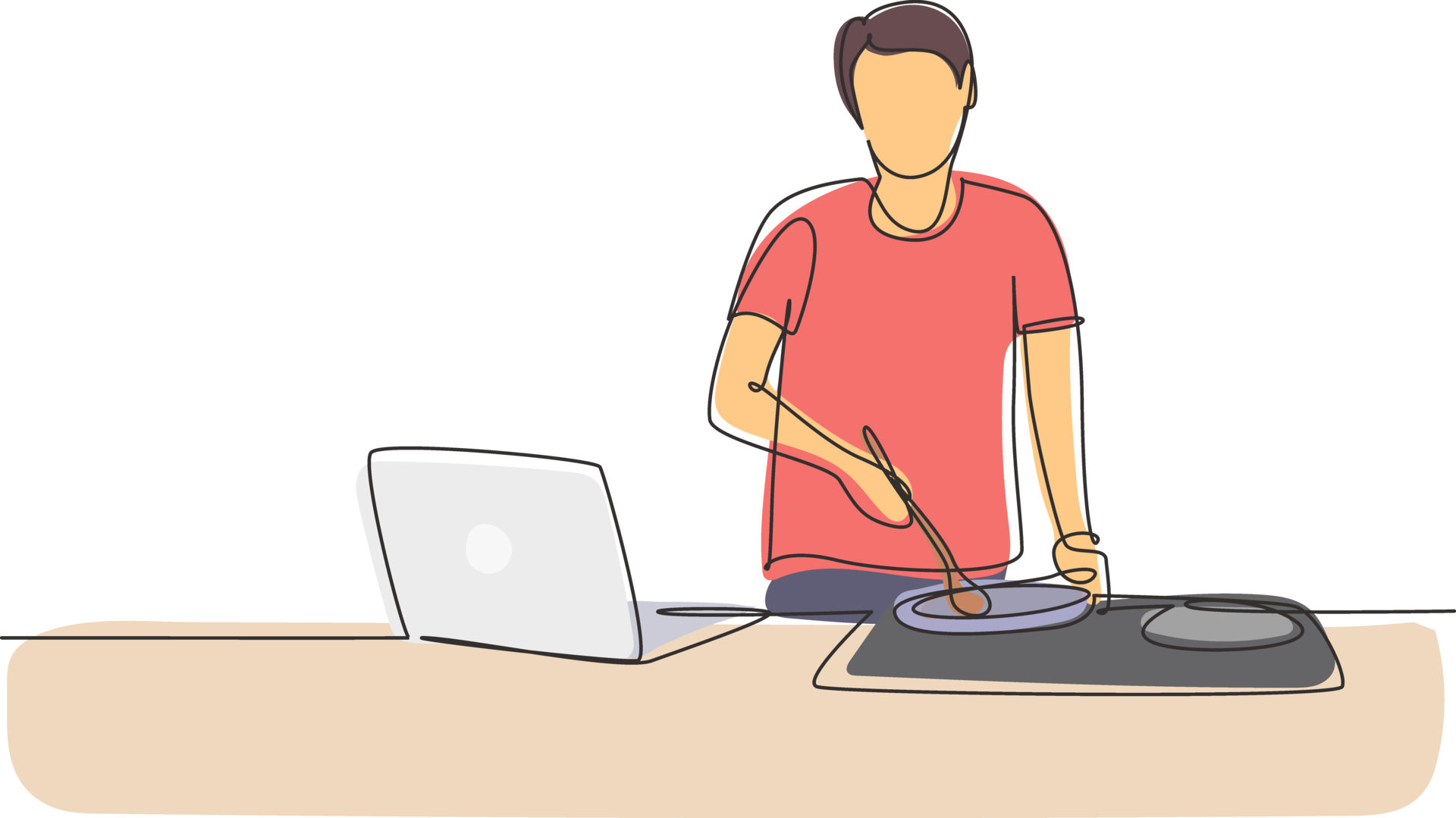 Single Continuous Line Drawing Man Cooking Dinner Has Video Call