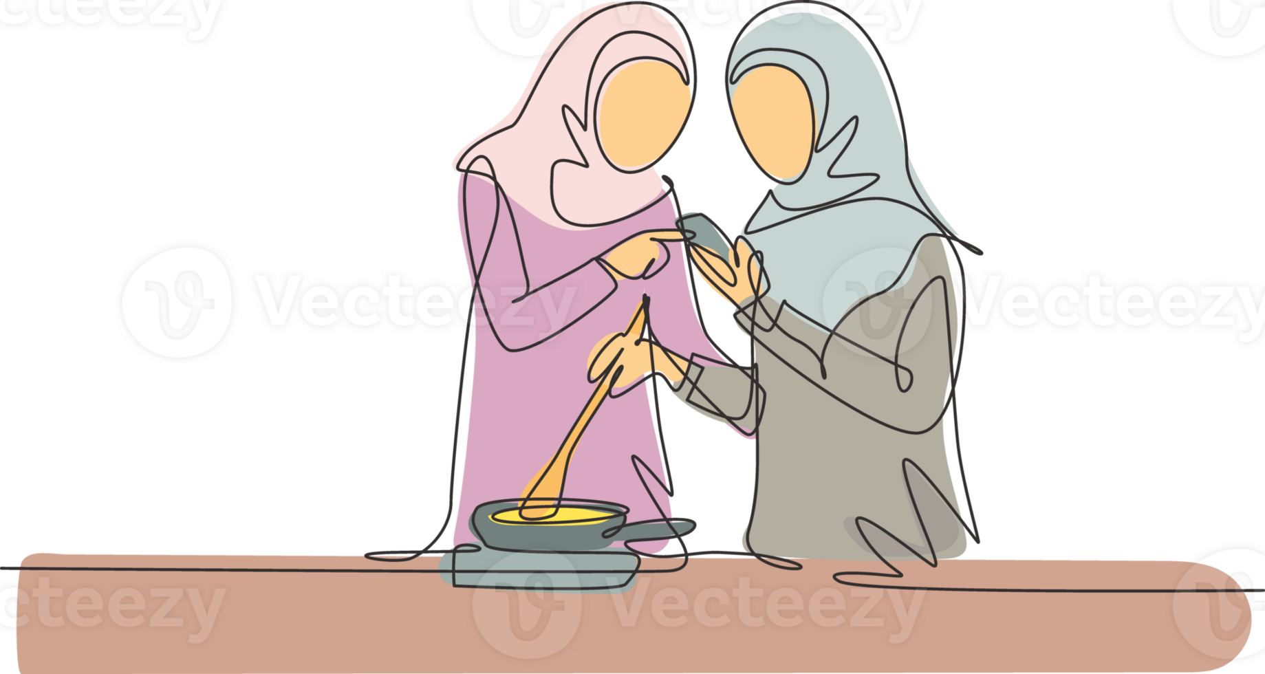 Single One Line Drawing Arabian Woman Is Cooking While Looking At