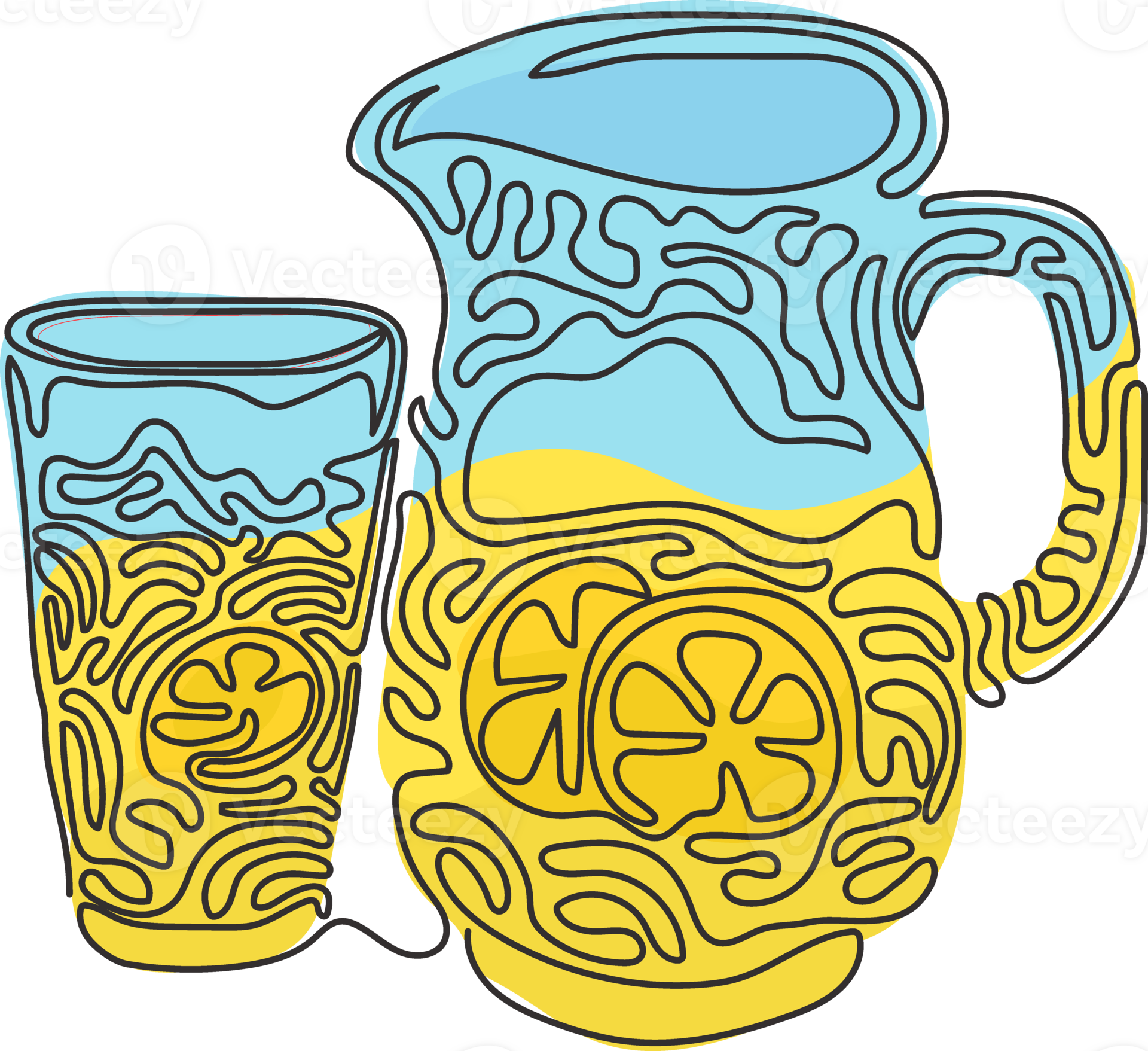 Single continuous line drawing lemonade in jug and glass. Glass and pitcher with lemons and ice ...