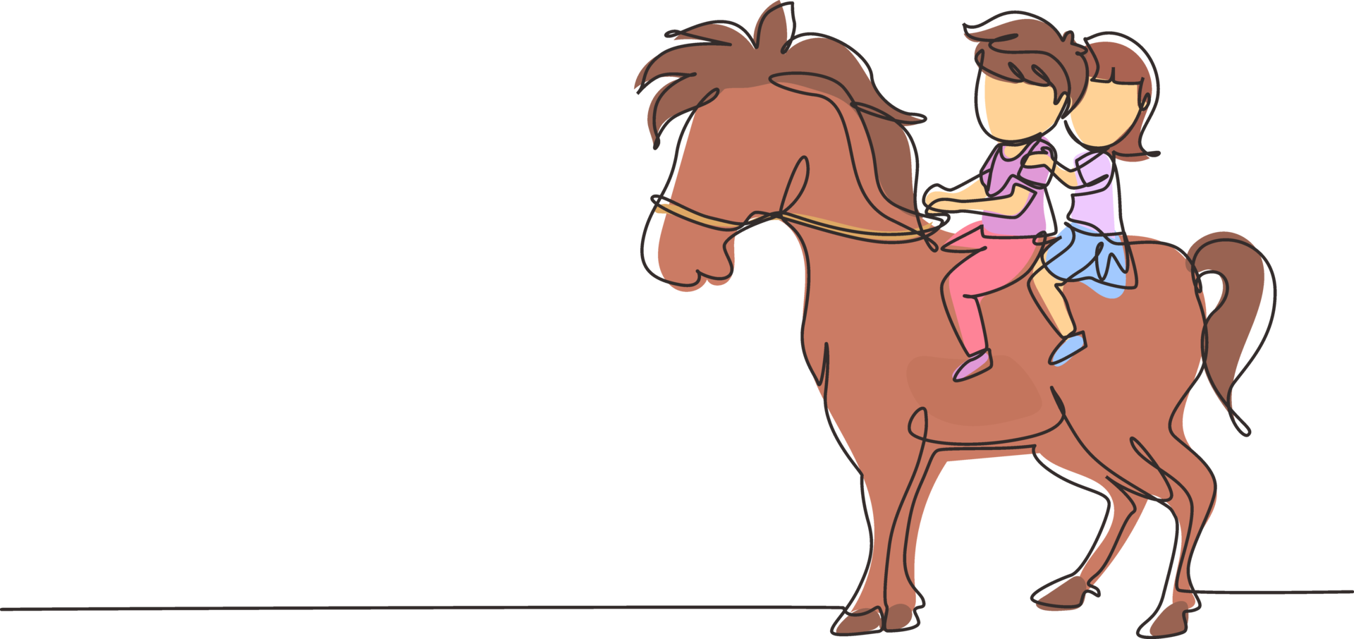 Single continuous line drawing happy cute boy and girl riding horse ... Single continuous line drawing happy cute boy and girl riding horse ...