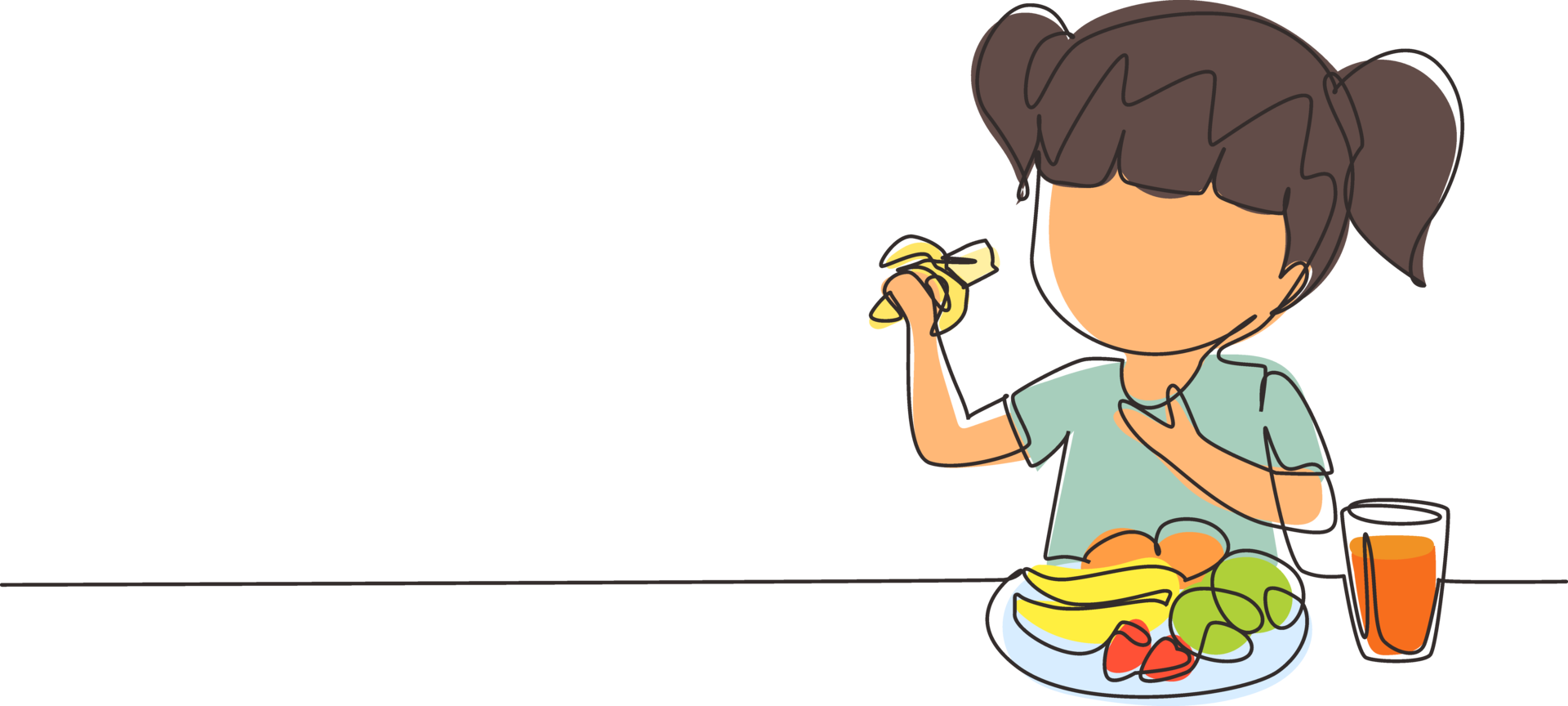 Single continuous line drawing girl eating fruit. Sitting near table eating orange. Watermelon ...