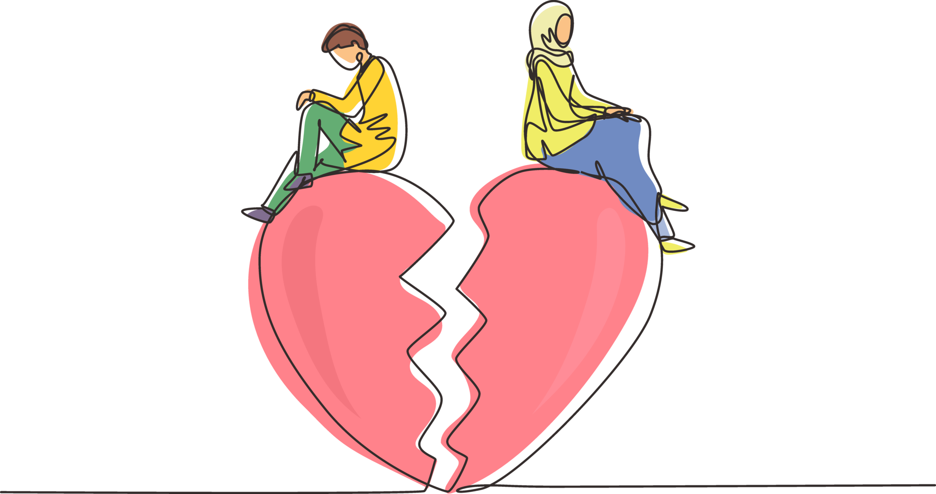 Continuous One Line Drawing Relationship Break Up Broken Heart Couple