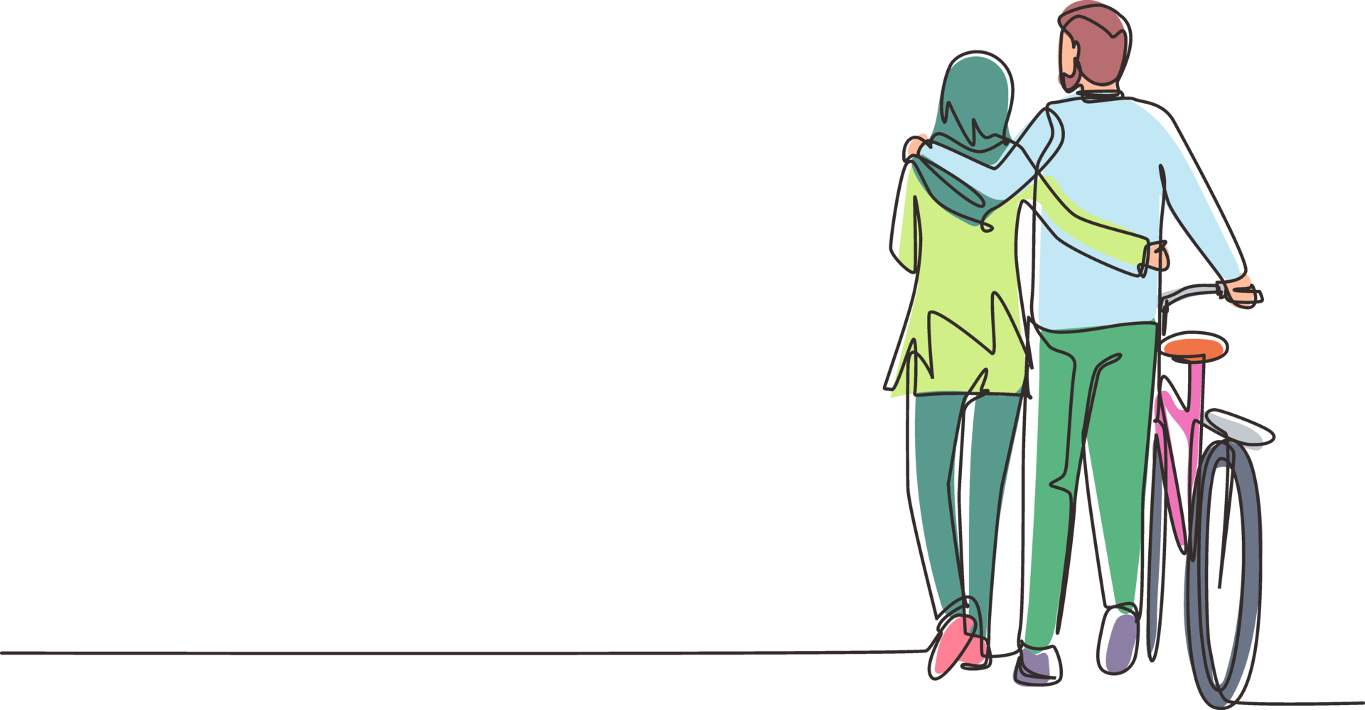 Single Continuous Line Drawing Back View Of Arabian Couple With Bicycle