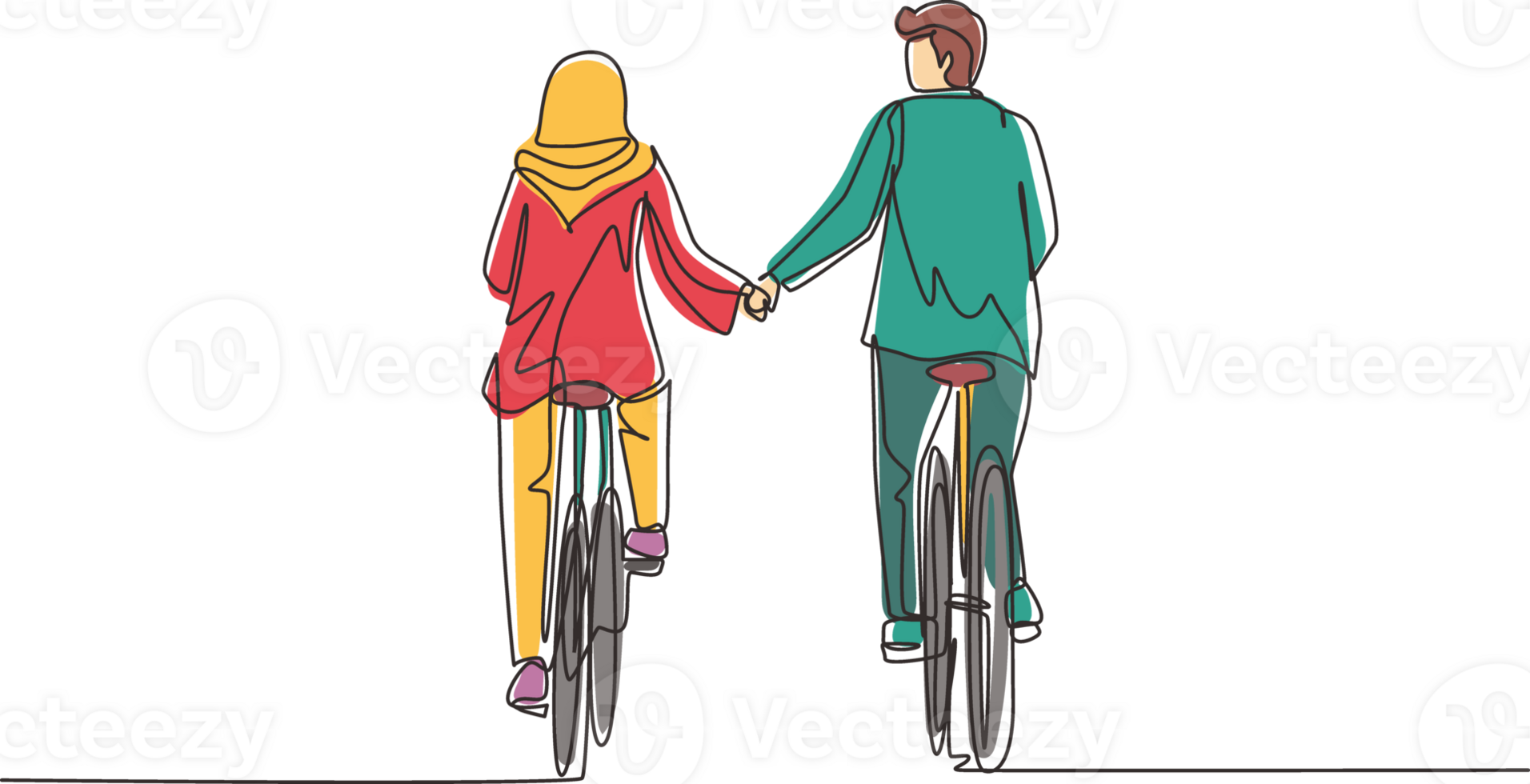 Continuous One Line Drawing Happy Arabian Couple Ride Bicycles In