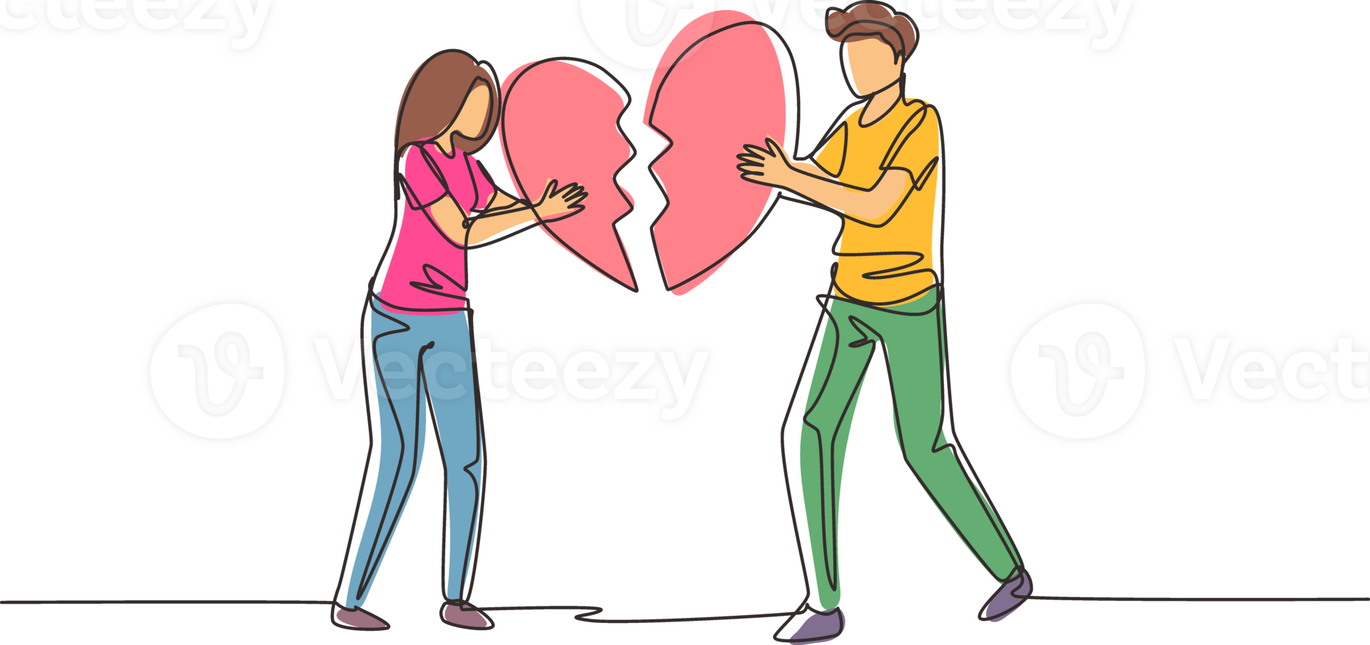 Single One Line Drawing Heartbroken Couple Parting Divorce Sad Young