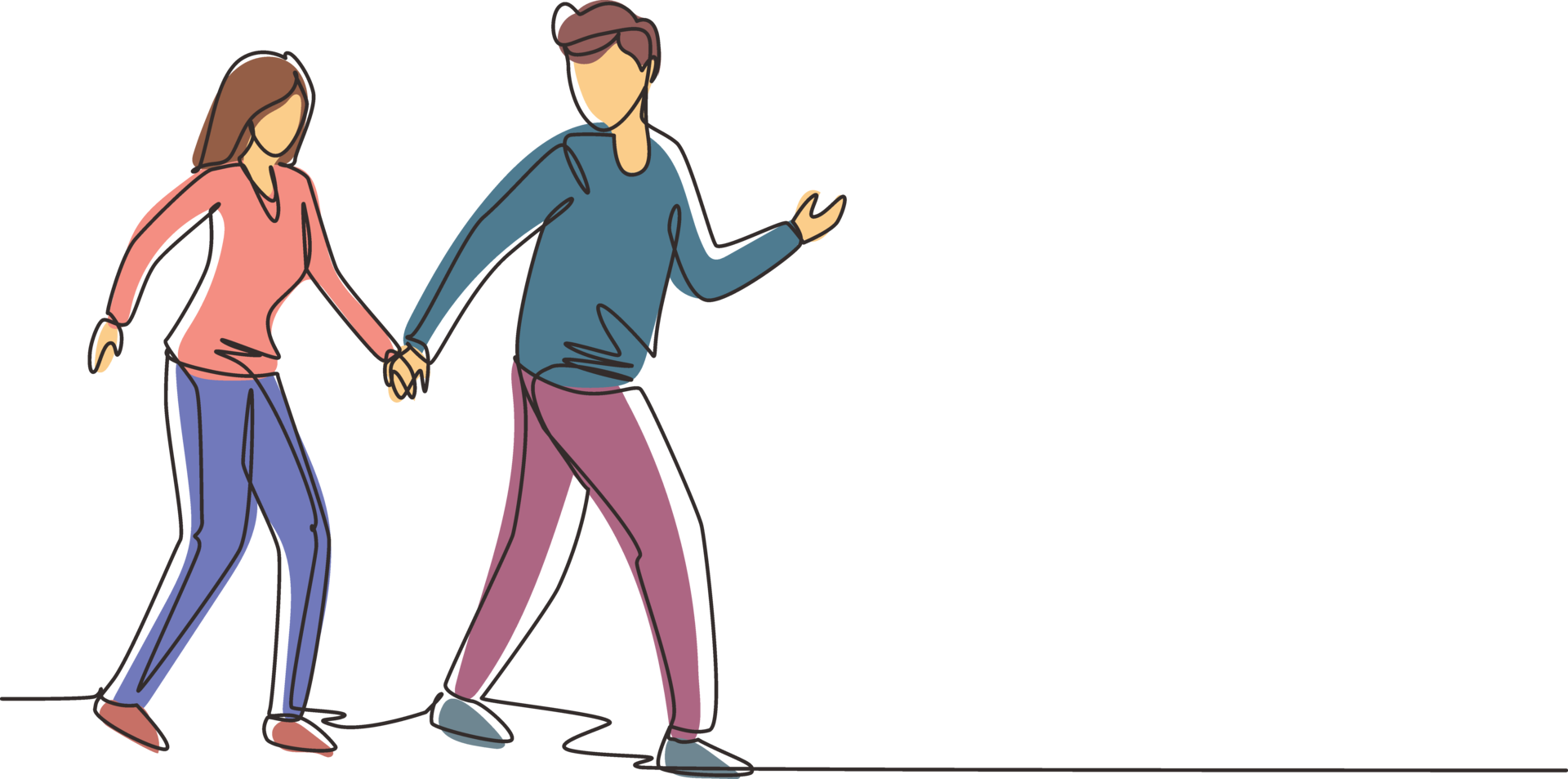 Single One Line Drawing Happy Man Pulled Woman Hand Romantic Couple Walking On Romantic