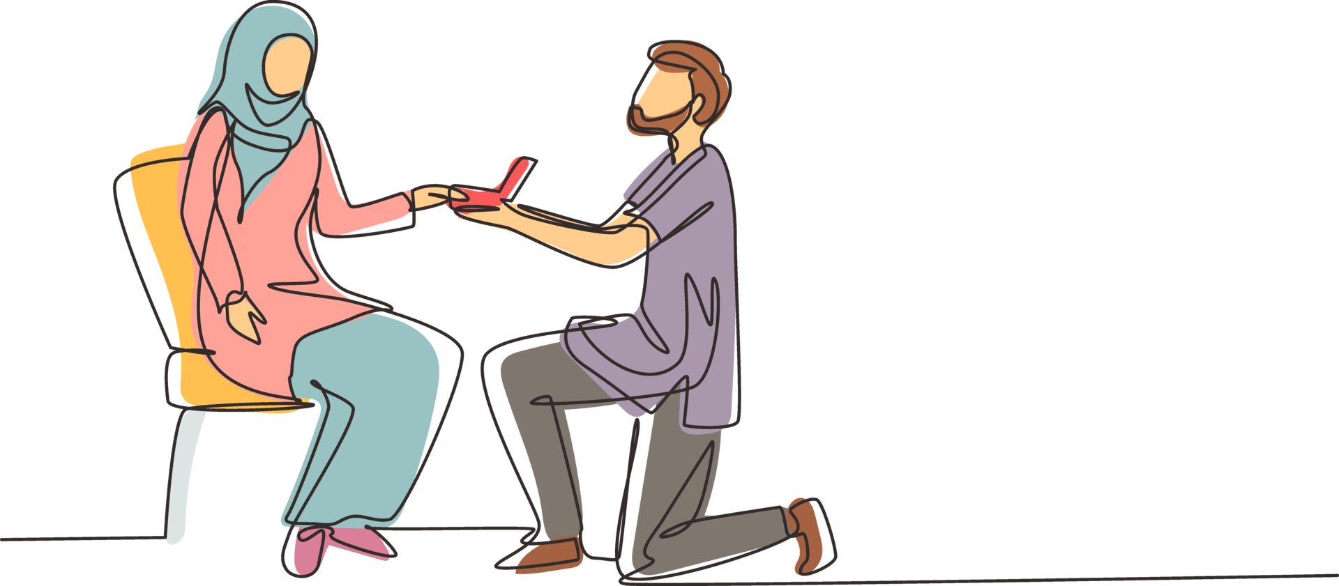 Continuous One Line Drawing Arab Man Makes Marriage Proposal Woman And