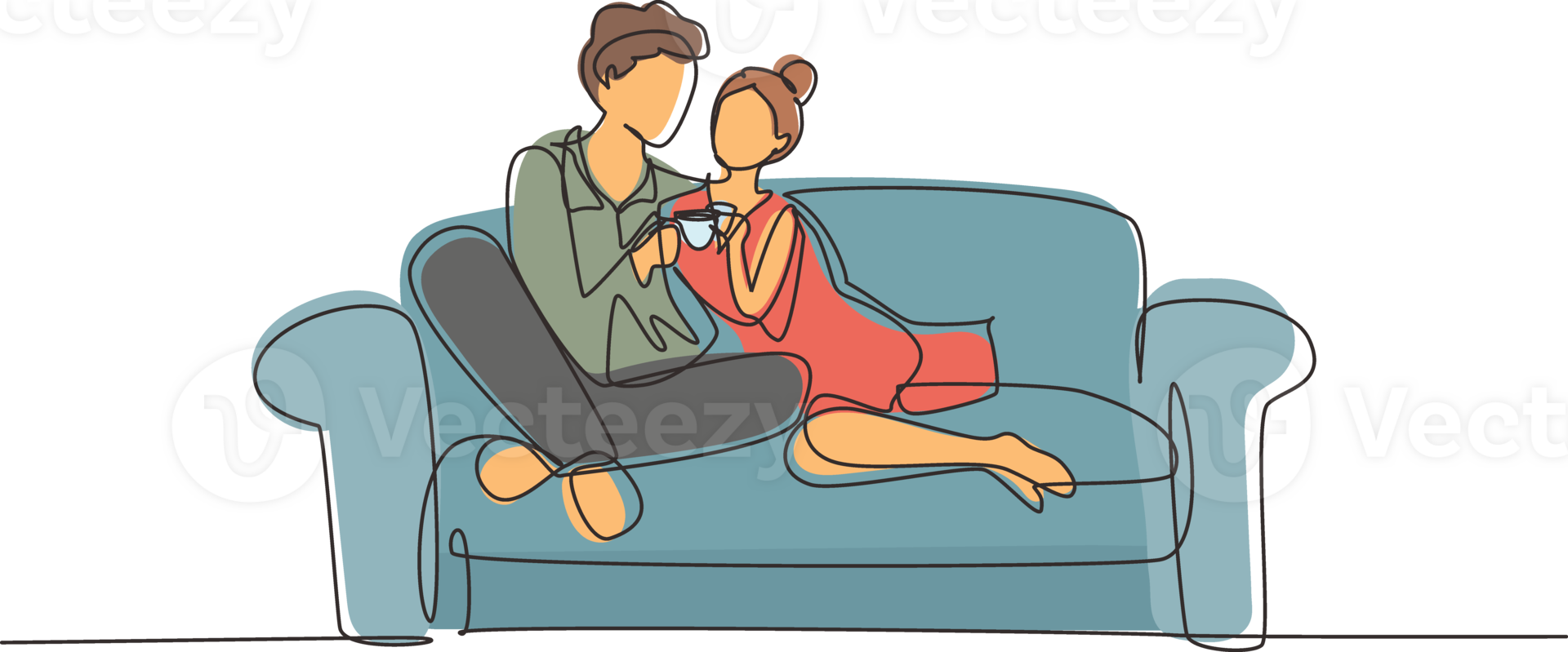 Single One Line Drawing Happy Couple Sitting On The Sofa Talking And Drinking Coffee Man And