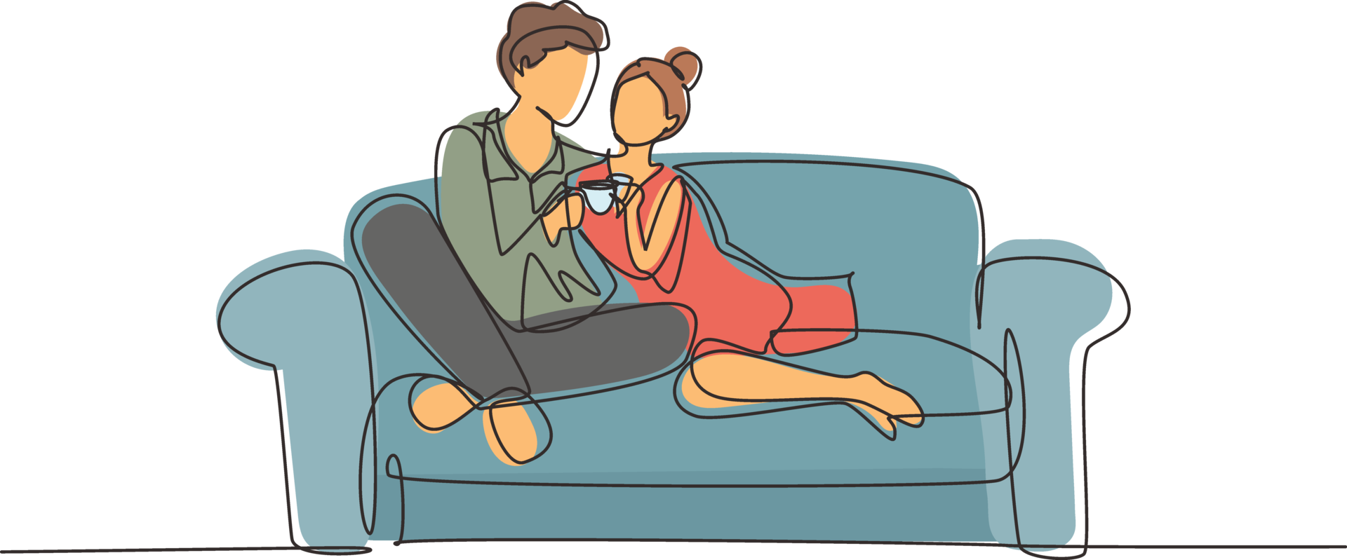 Single One Line Drawing Happy Couple Sitting On The Sofa Talking And Drinking Coffee Man And