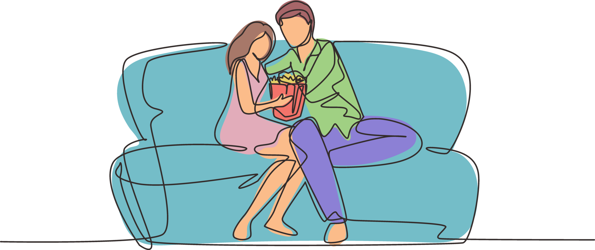 Continuous One Line Drawing Couple At Home Resting On Couch Watching Movie And Eating Popcorn