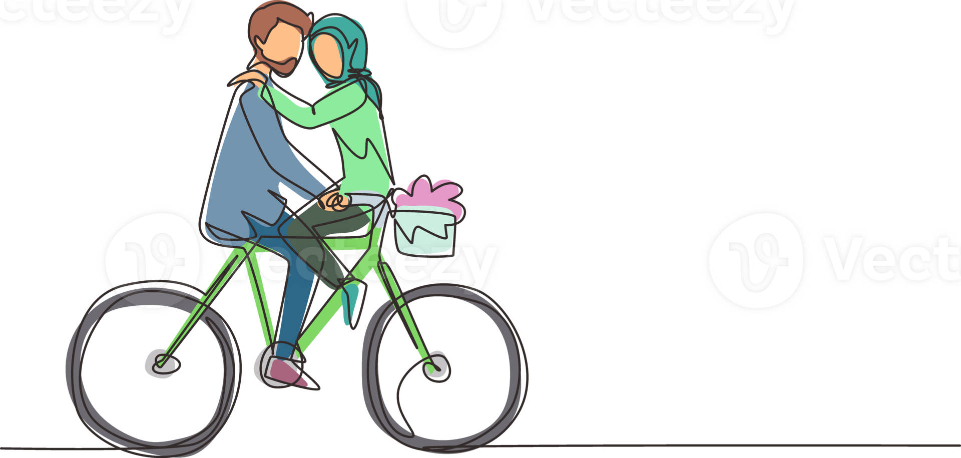 Single One Line Drawing Young Arabian Man And Woman Riding Bicycle Face