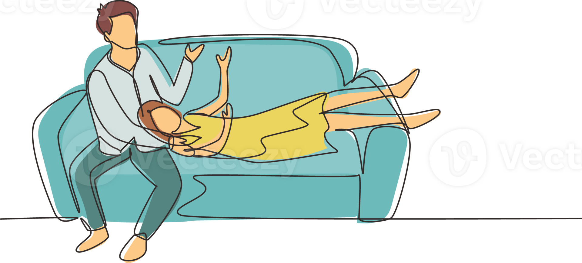Continuous One Line Drawing Couple Sitting Together On Couch Is Taking Relaxing Break Man And
