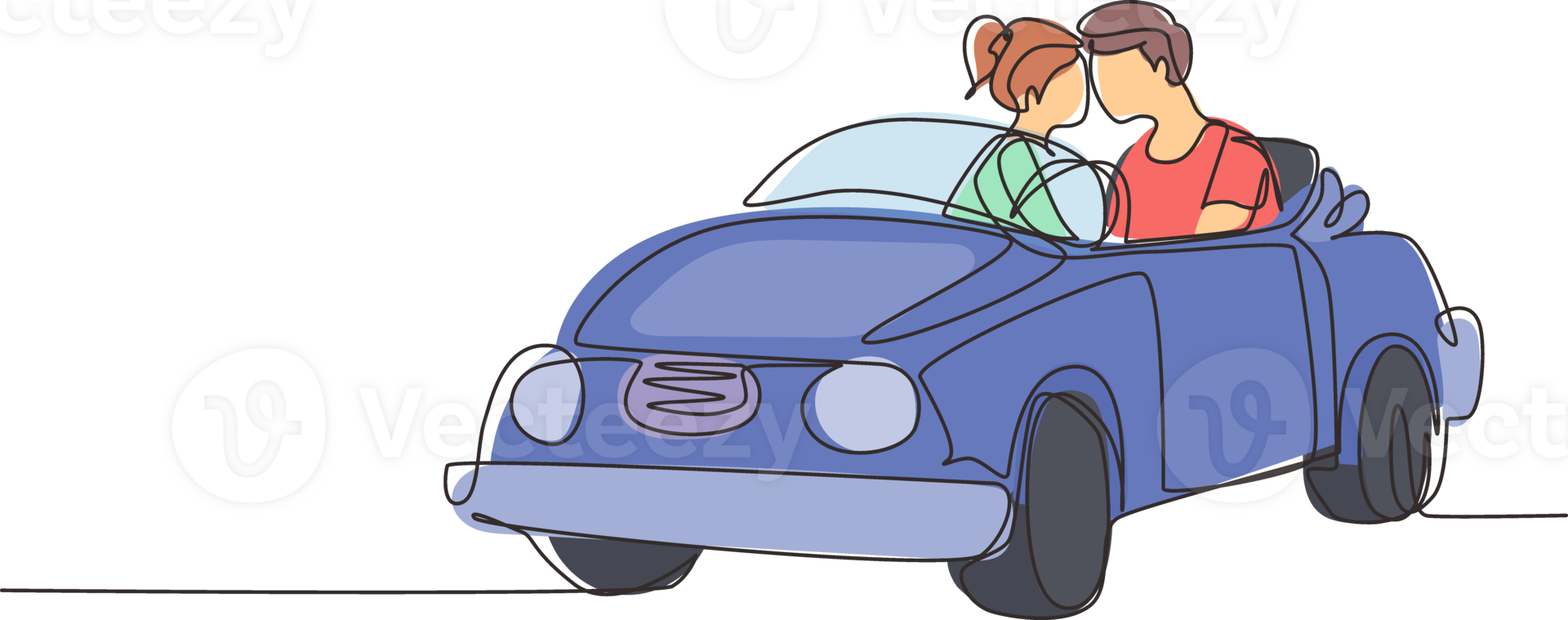 Continuous One Line Drawing Romantic Couple Riding Car Going On Road