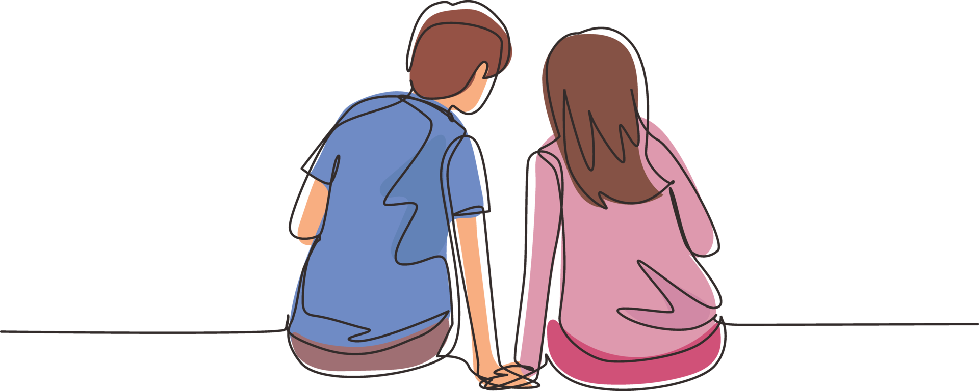 Continuous One Line Drawing Back View People In Love Sit Holding Hands
