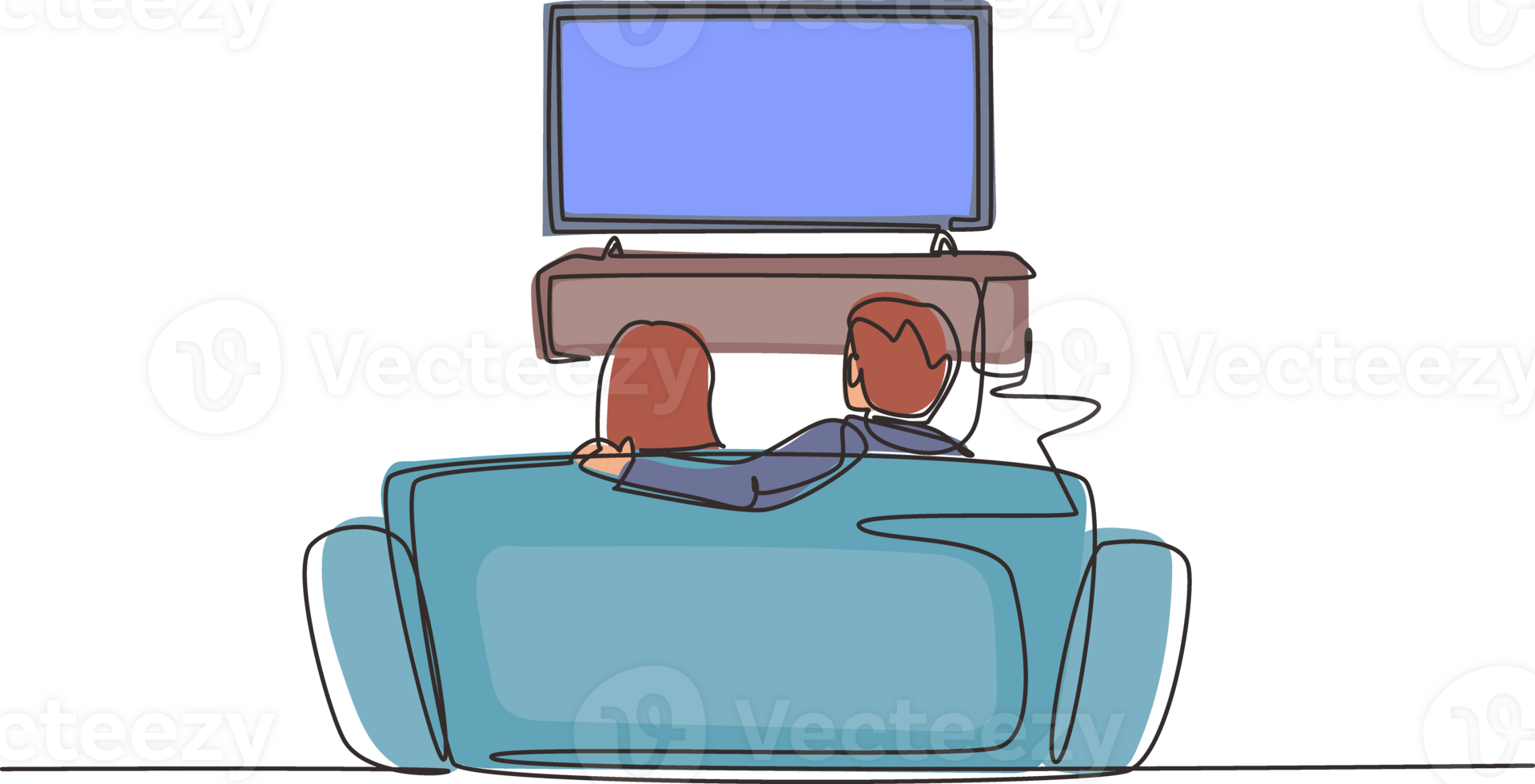 Single one line drawing family sitting on sofa and watch tv in living room at evening. Lounge ...