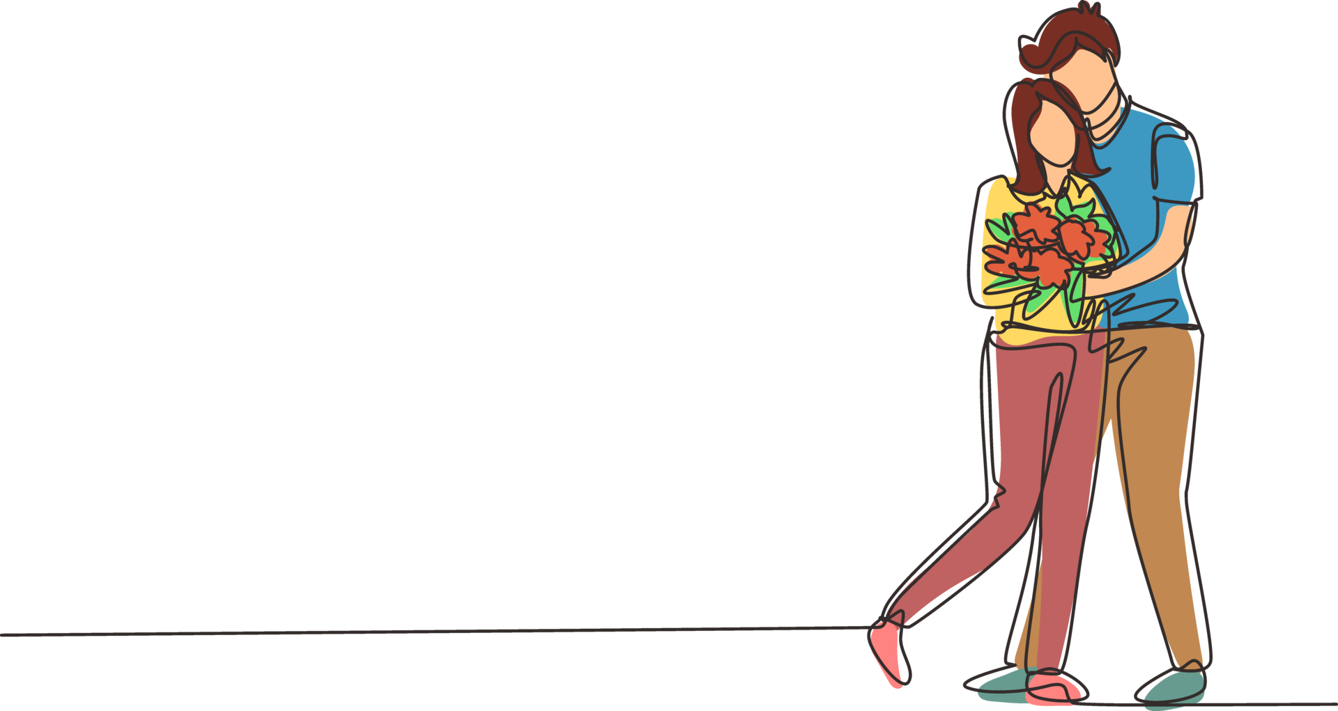 Single Continuous Line Drawing Man Gives Flowers To Woman And Hug Her