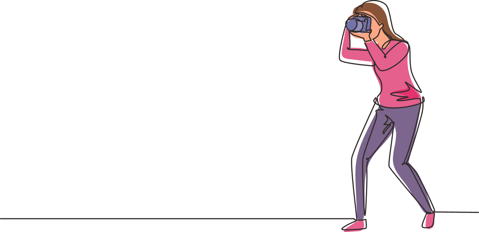 Single One Line Drawing Woman Photographer Taking Photo Pose Camera