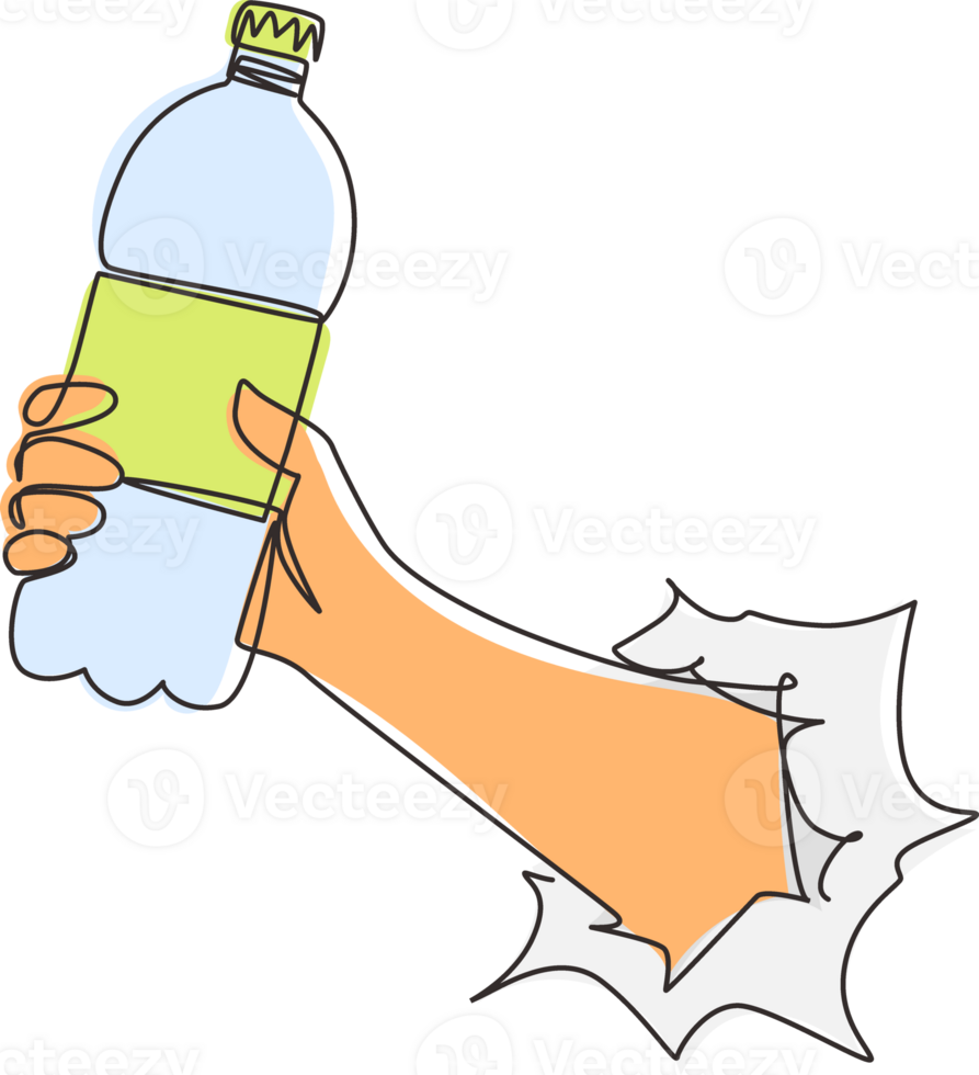 Single one line drawing hand holding plastic bottle of pure drinking water refreshing, splash ...