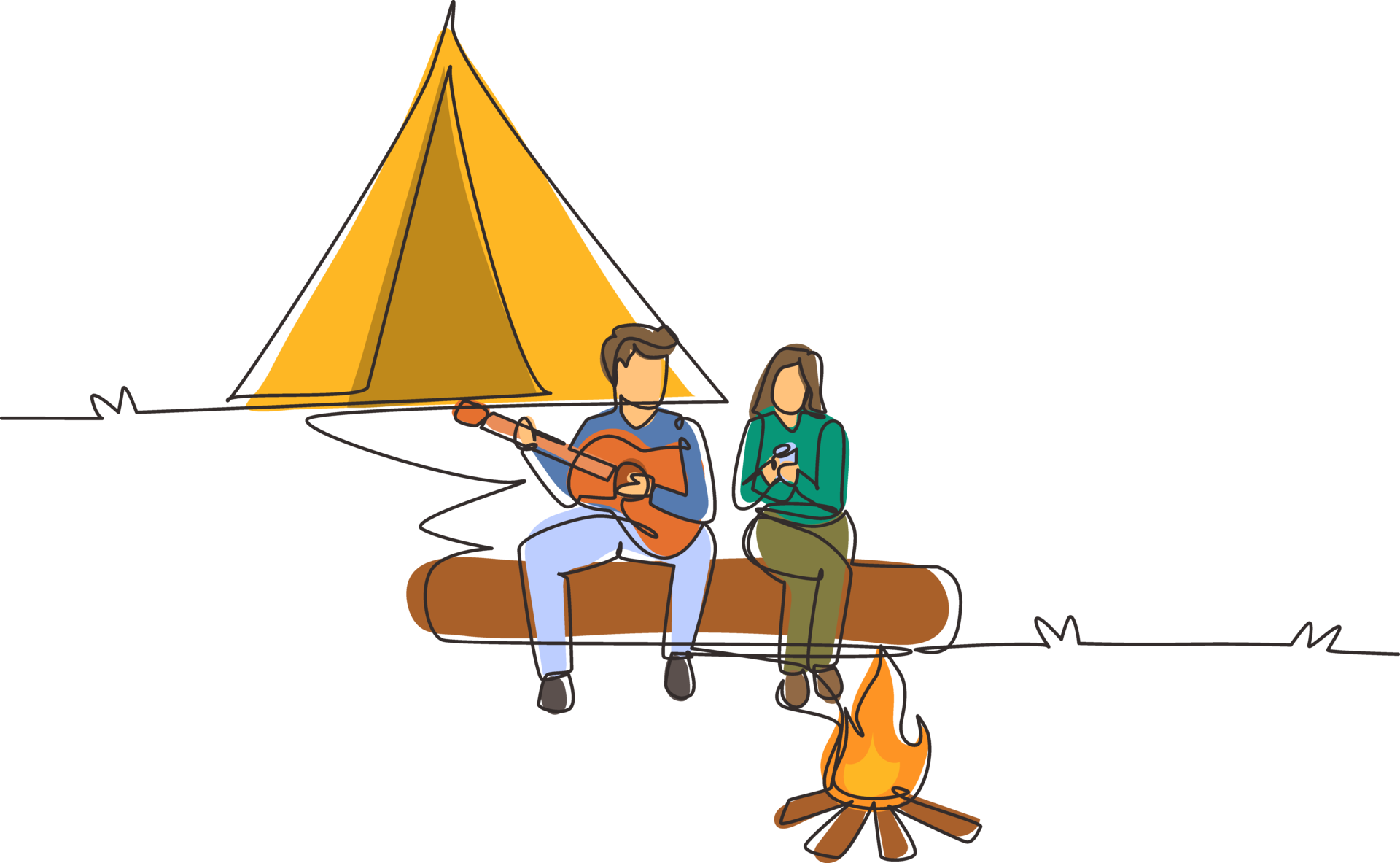Single One Line Drawing Couple Hikers Sitting On Log Of Wood Near