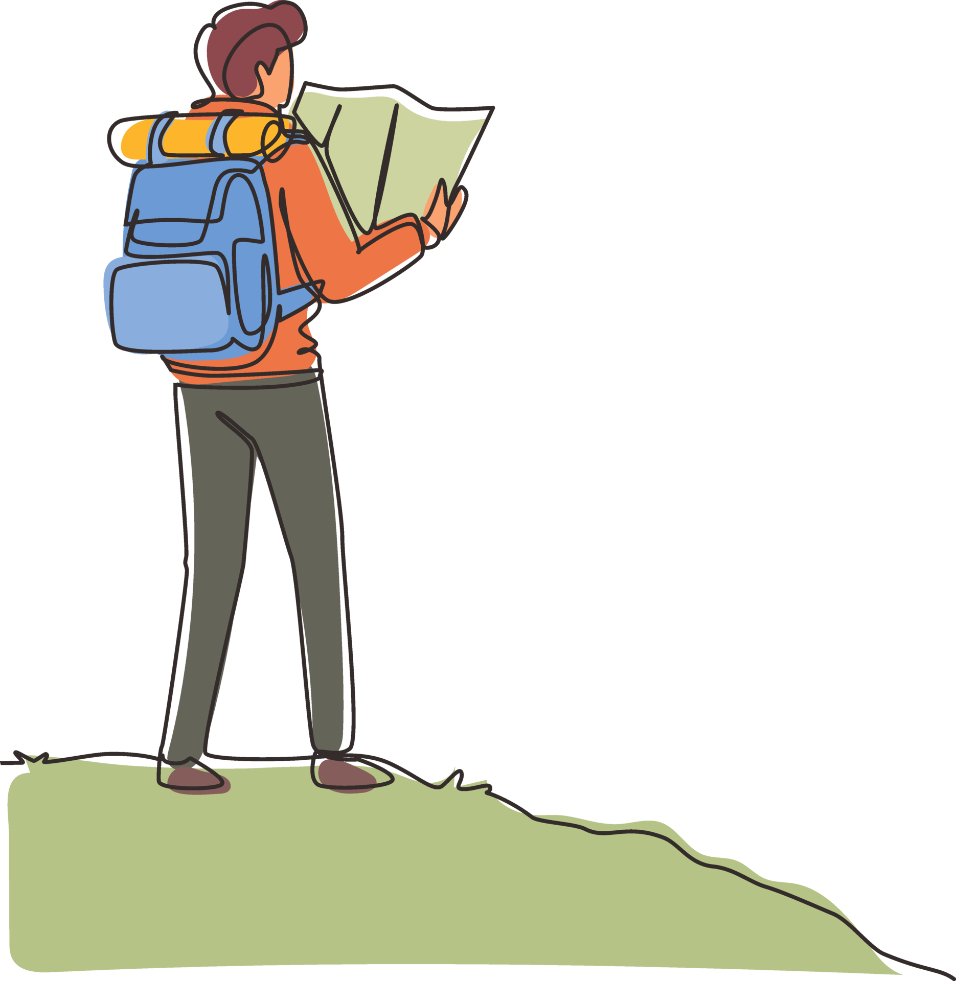 Single Continuous Line Drawing Man Hiker With Backpack And Map Hiking