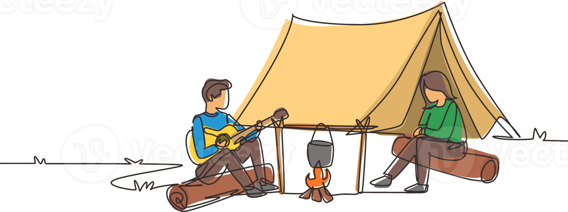 Continuous One Line Drawing Couple Hikers Sitting On Log Cooking Meals